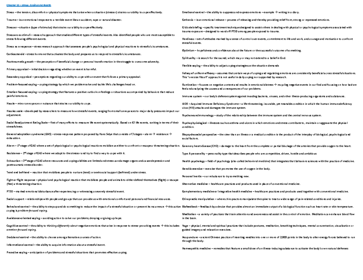 Module 5 Key Terms for Exam - Chapter 12 – Stress, Coping and Health ...