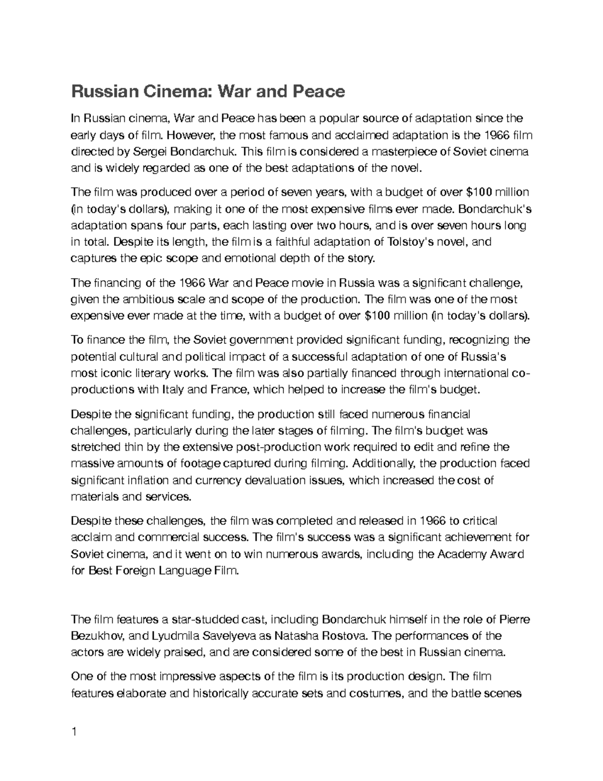 Russian Cinema: War and Peace Summary - Russian Cinema: War and Peace ...