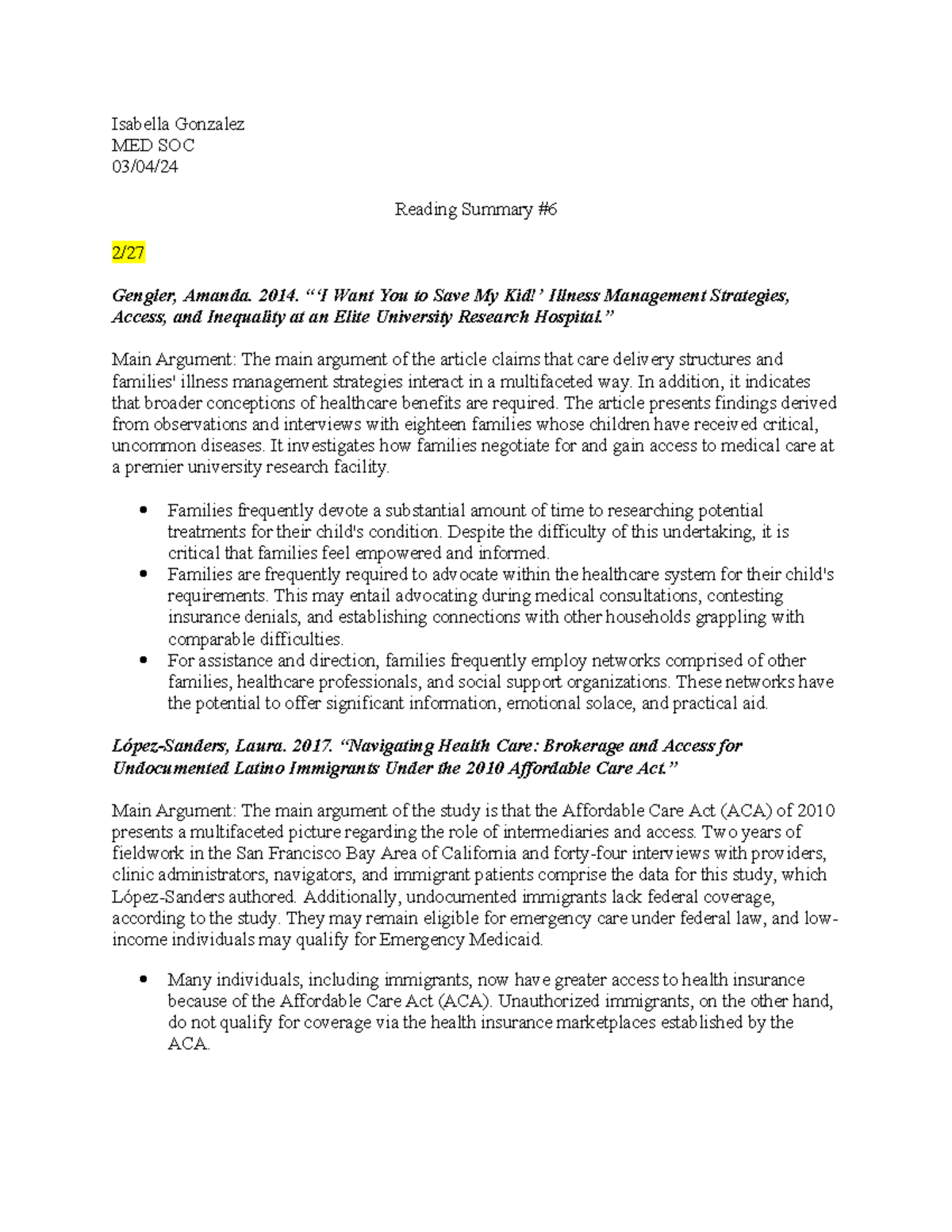 Reading Summary #6 - Isabella Gonzalez MED SOC 03/04/ Reading Summary ...