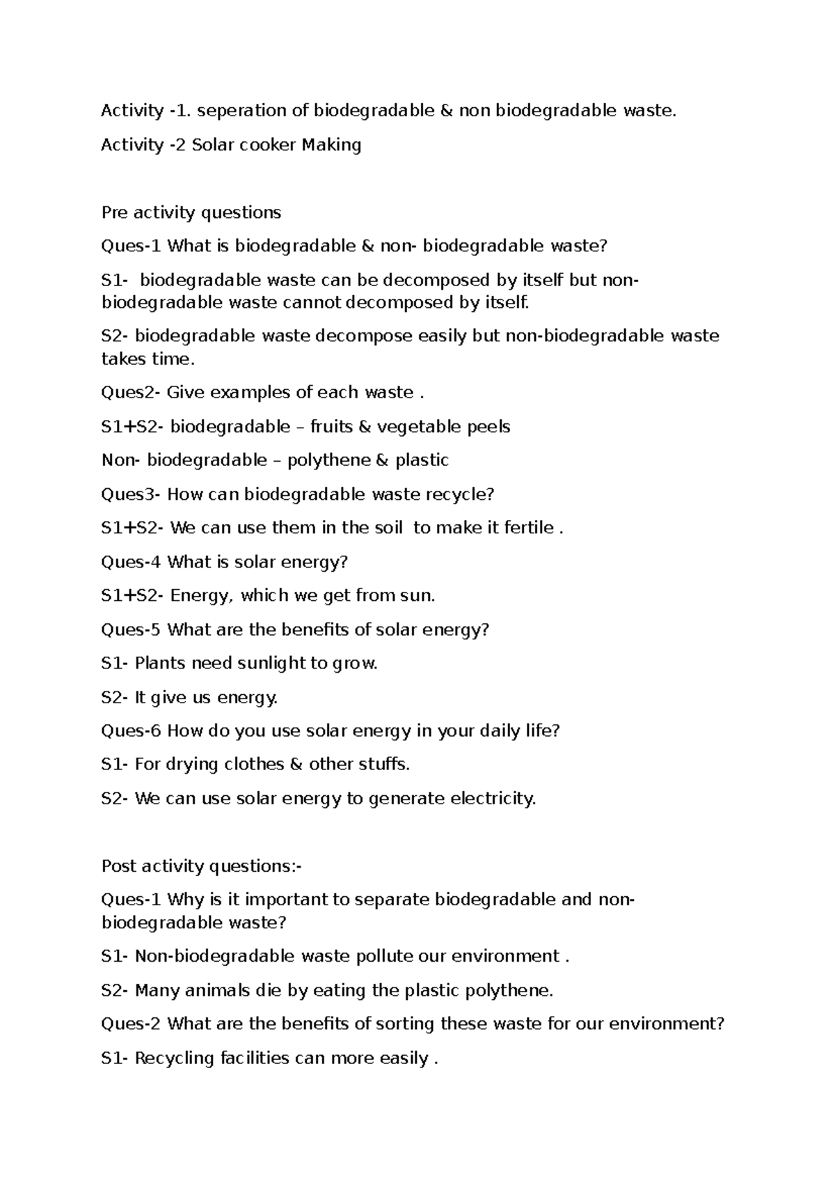 Activities questions - ……. Bnji Ikl M - Activity -1. seperation of ...