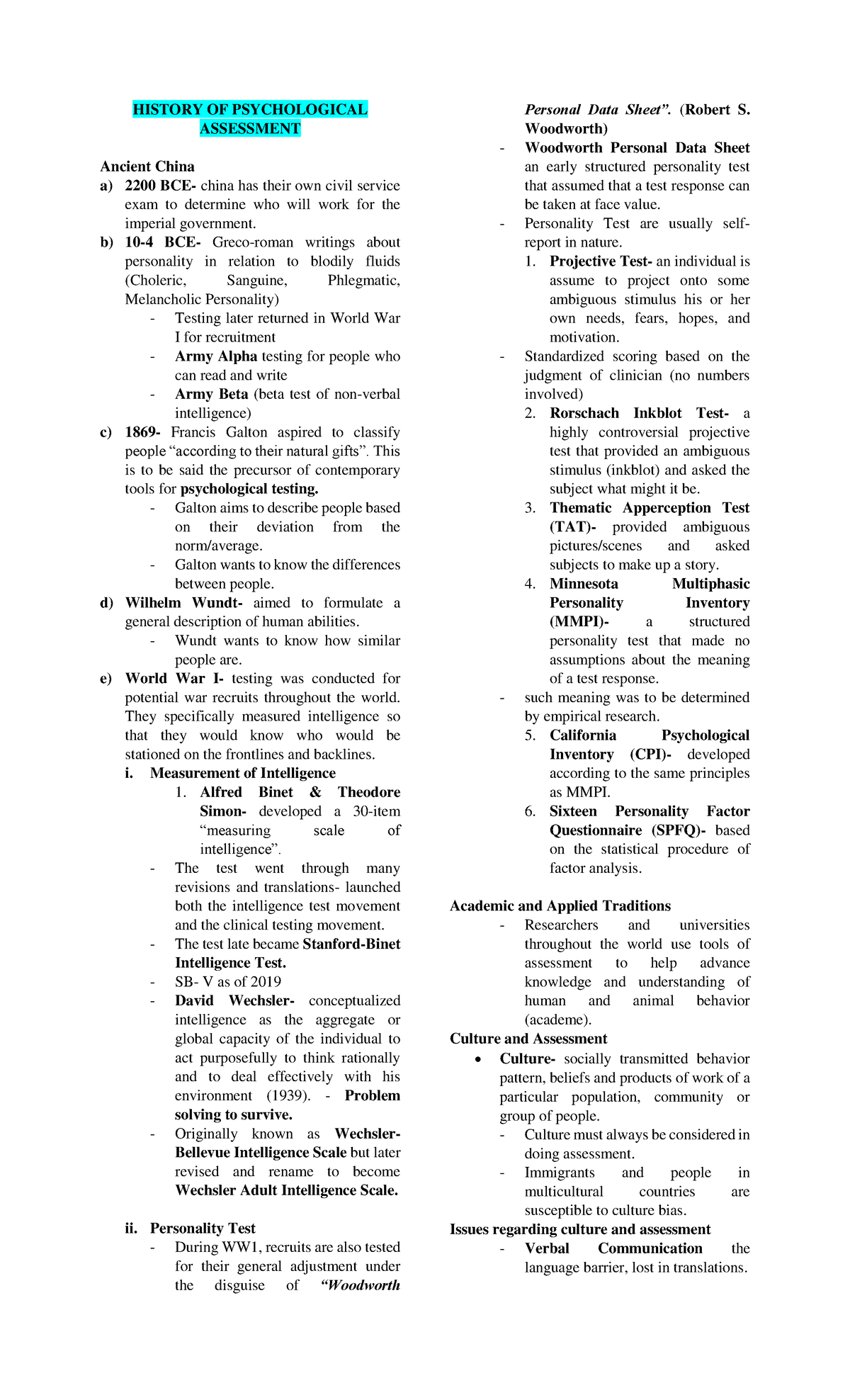 Psych Assessment Reviewer - HISTORY OF PSYCHOLOGICAL ASSESSMENT Ancient ...