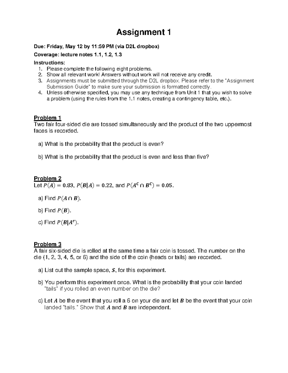 Assignment 1 (list version) - Assignment 1 Due: Friday, May 12 by 11:59 ...