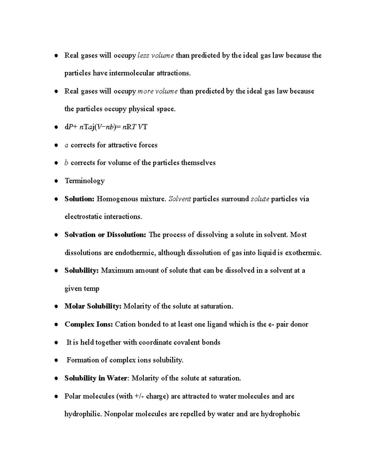 Gen chem 2 - gen chem notes - Real gases will occupy less volume than ...