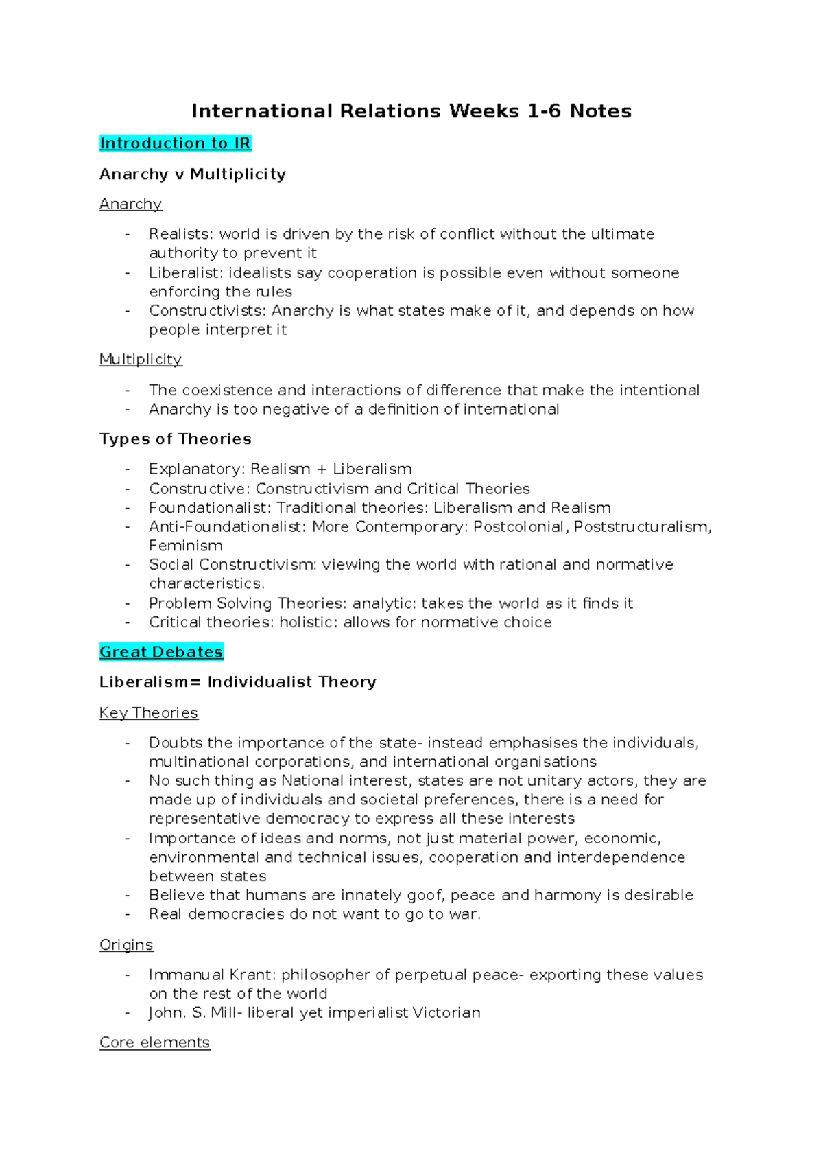 International relations Notes - International Relations Weeks 1-6 Notes ...