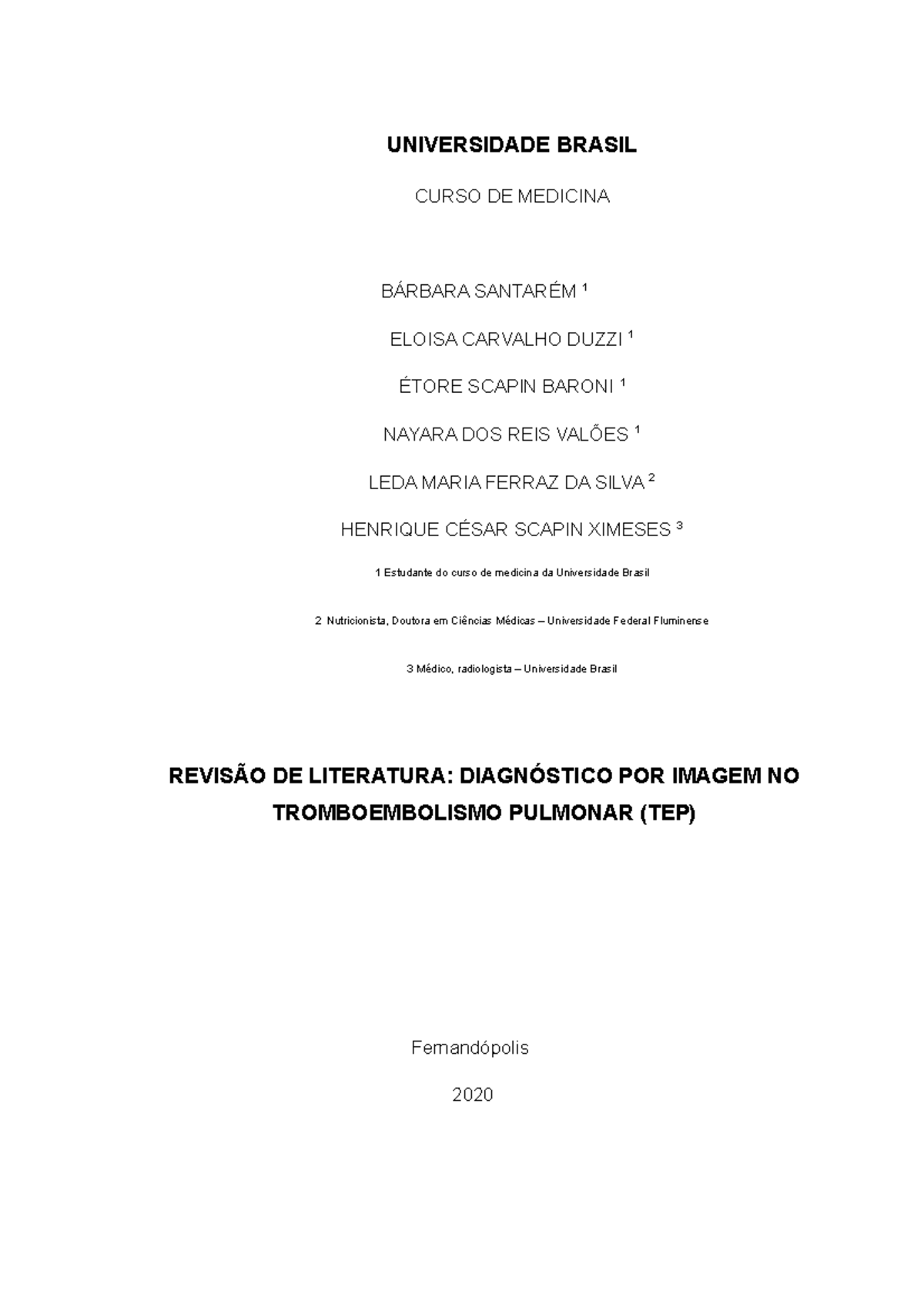 TEP Artigo - tep - UNIVERSIDADE BRASIL CURSO DE MEDICINA BÁRBARA ...