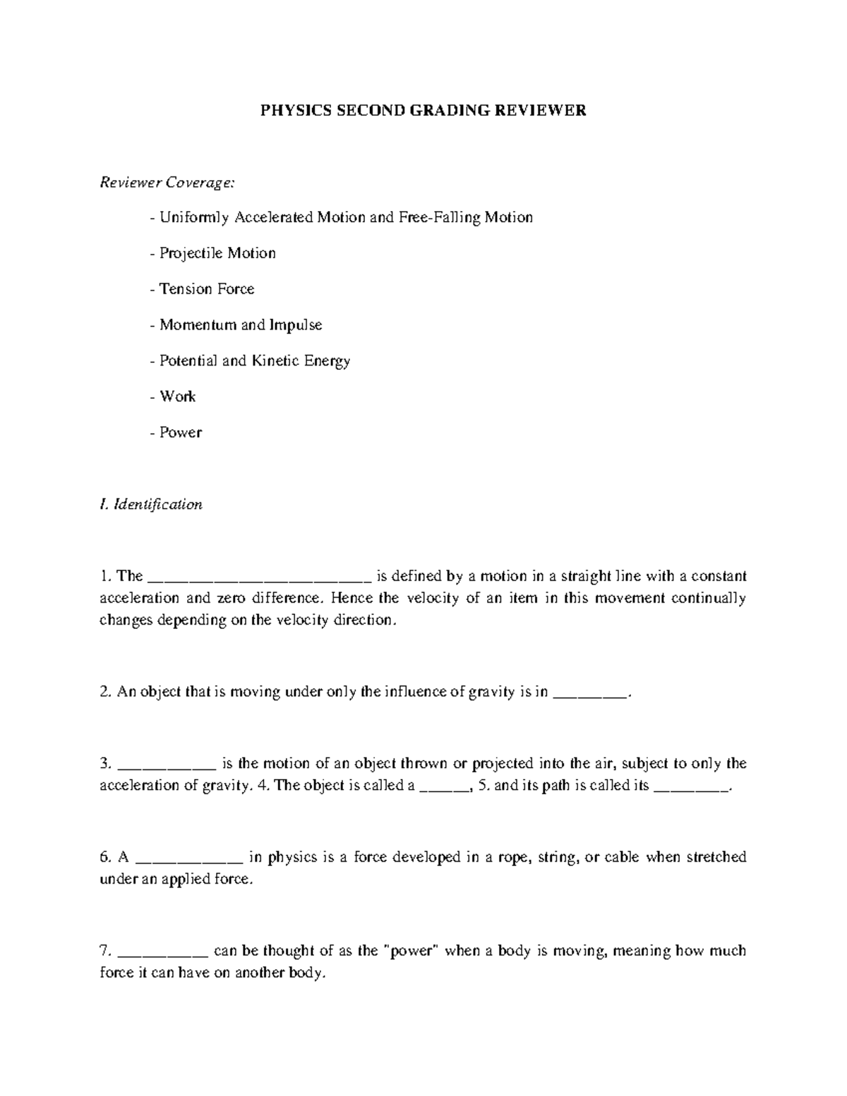 Physics Reviewer - PHYSICS SECOND GRADING REVIEWER Reviewer Coverage ...