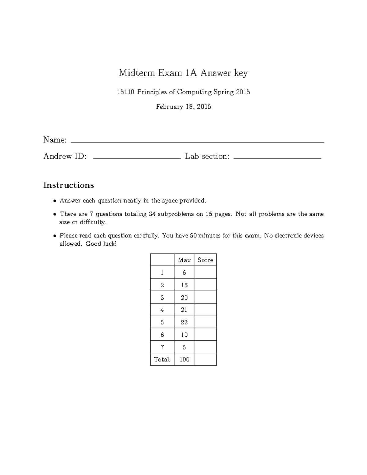 Exam1Asolutions-s15 - Midterm Exam 1A Answer key 15110 Principles of ...