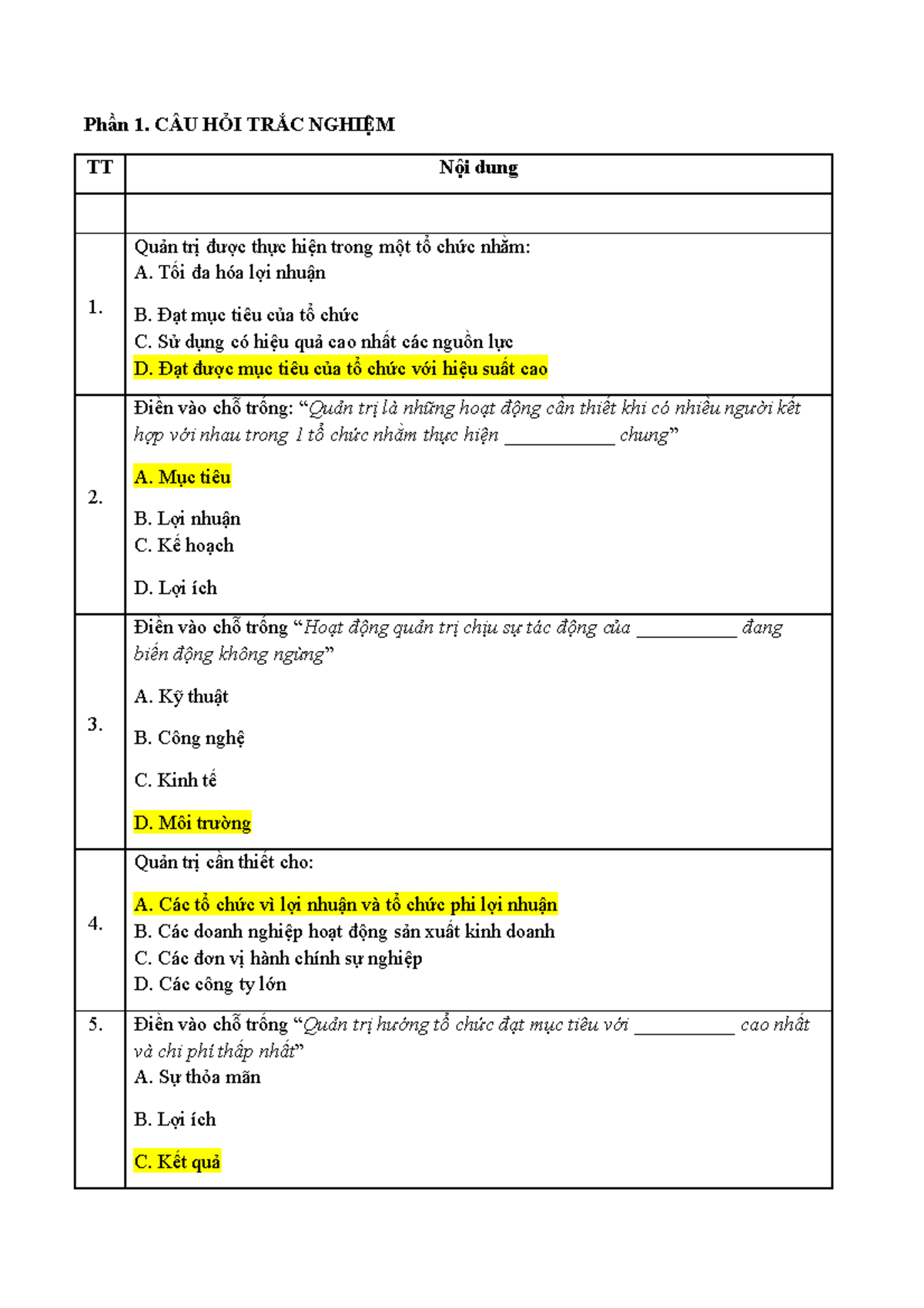 TN QTH - feifiefjoejfoej - Phần 1. CÂU HỎI TRẮC NGHIỆM TT Nội dung 1. Quản trị được thực hiện ...