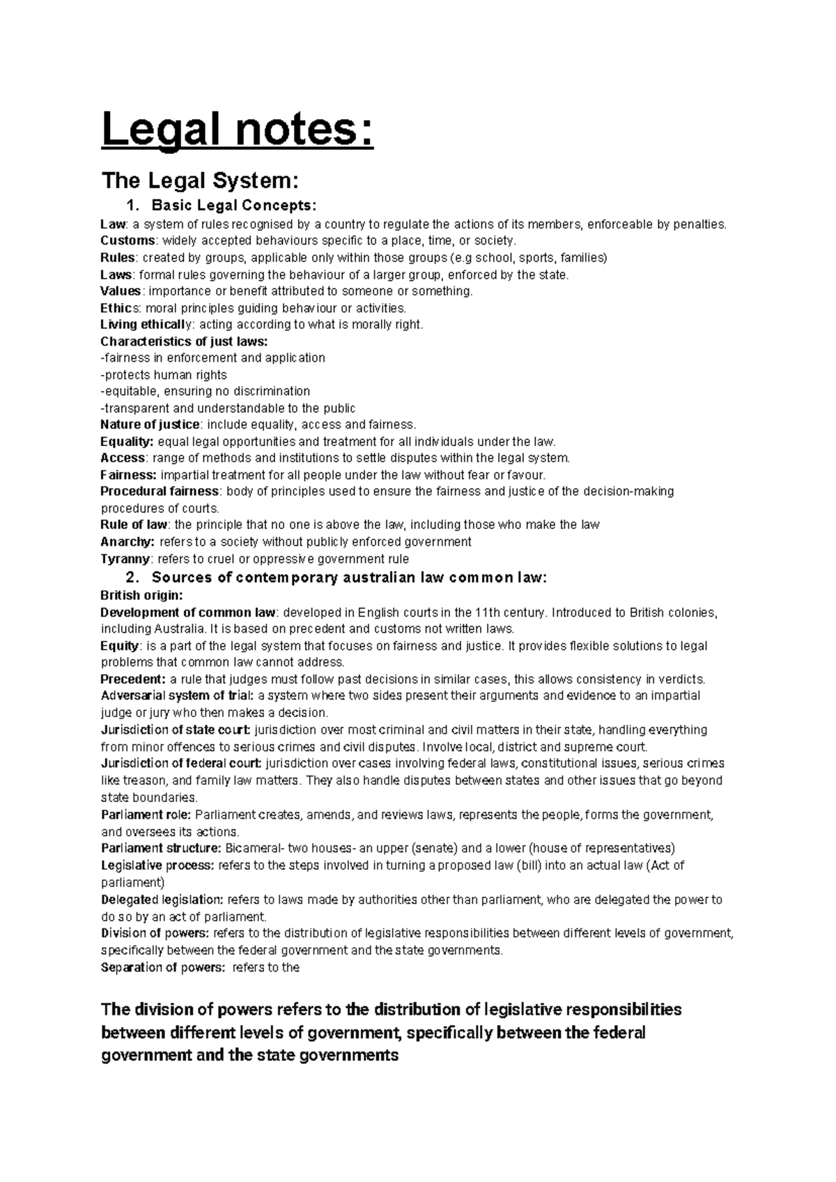 Legal Notes - Legal notes: The Legal System: 1. Basic Legal Concepts ...