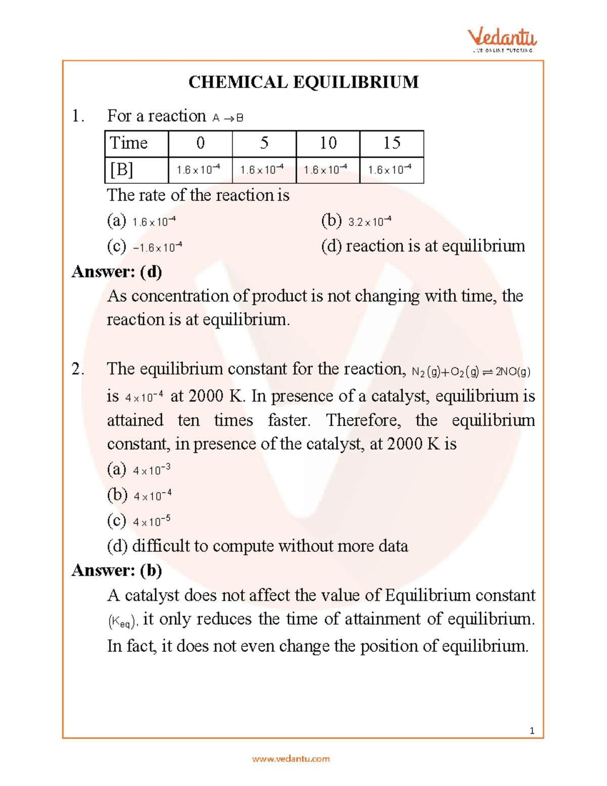 NEET Chemical Equilibrium Important Questions - CHEMICAL EQUILIBRIUM 1. For a reaction A →B Time ...