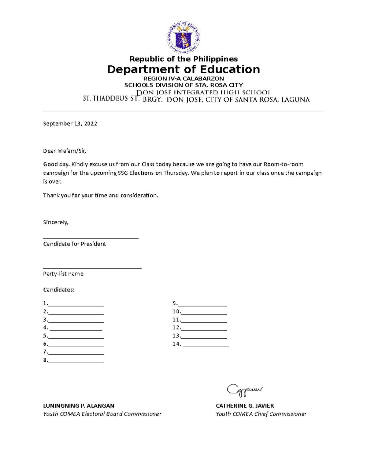 Excuse-Letter-SSG - Tip answer - Department of Education REGION IV-A ...