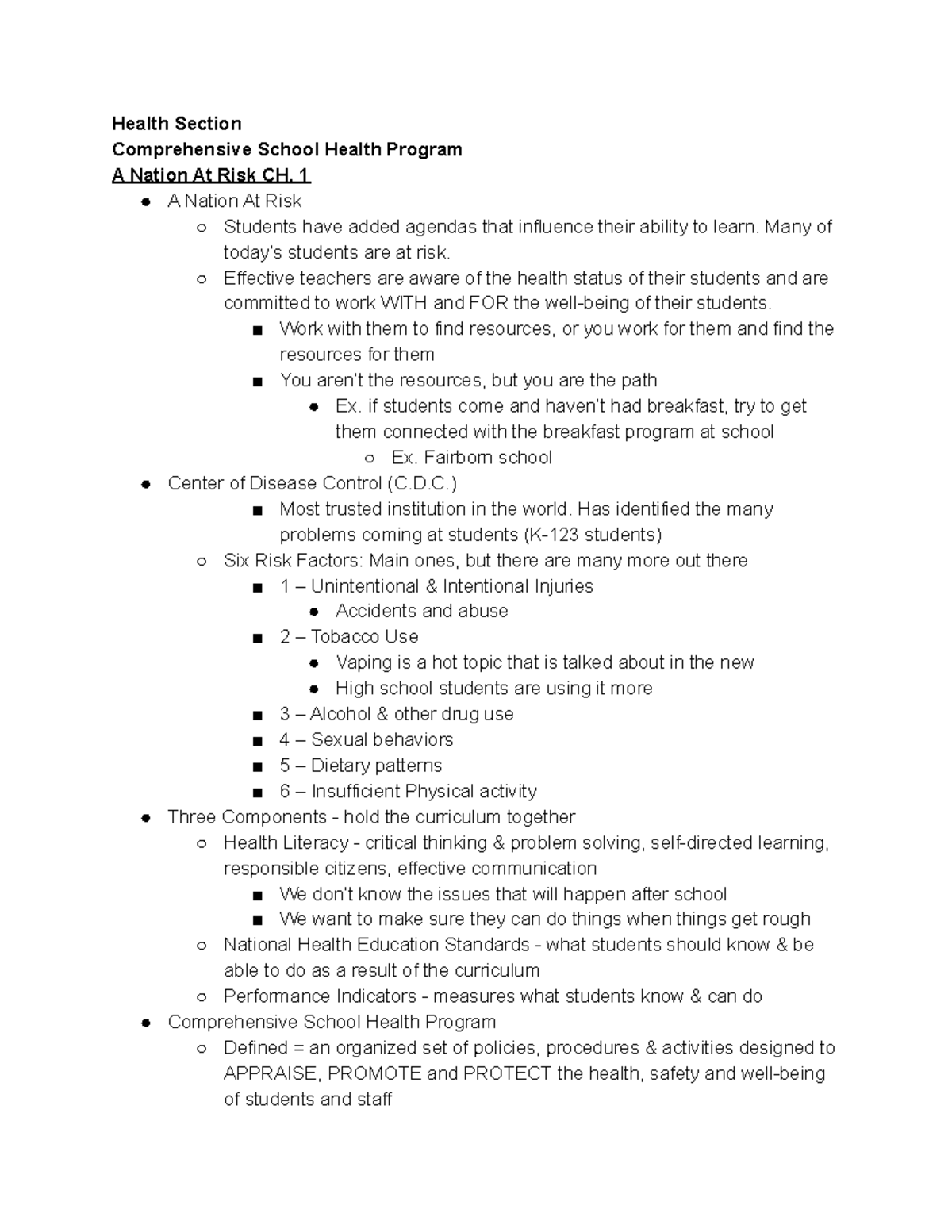 Health Movement Notes - Health Section Comprehensive School Health ...
