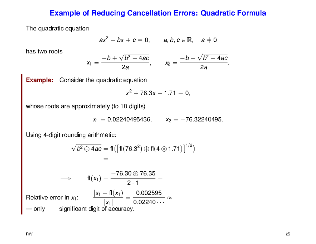 Macm316 Example of Reducing Cancellation Errors: Quadratic Formula - Example of Reducing - Studocu