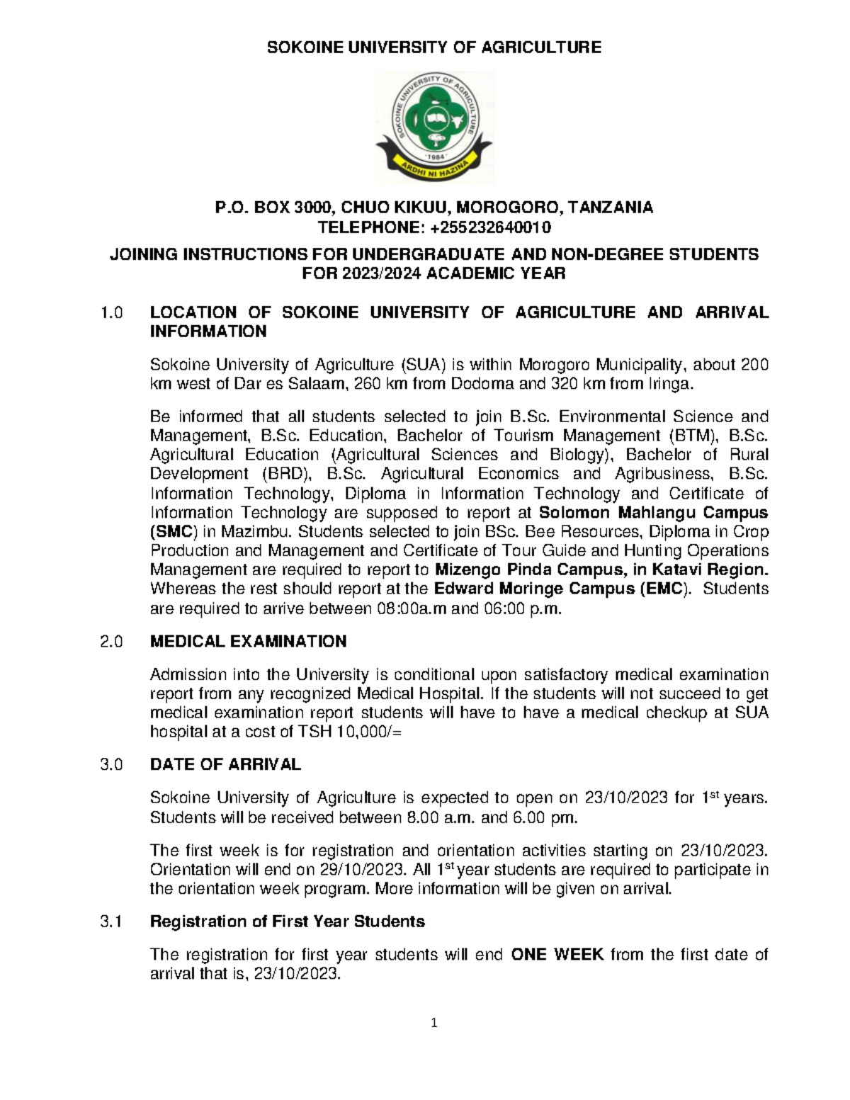 Joining instruction - Its about lectures - SOKOINE UNIVERSITY OF ...