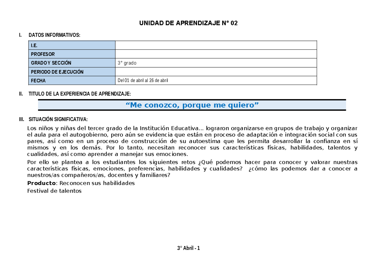3° Grado - Unidad DE Aprendizaje N°02 - UNIDAD DE APRENDIZAJE N° 02 I. DATOS INFORMATIVOS: I ...