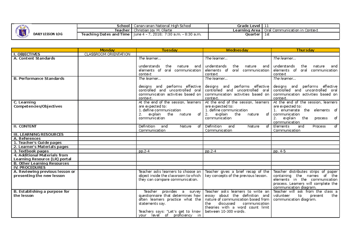 Daily Lesson LOG - well organized teaching strategy - School Canarvanan ...