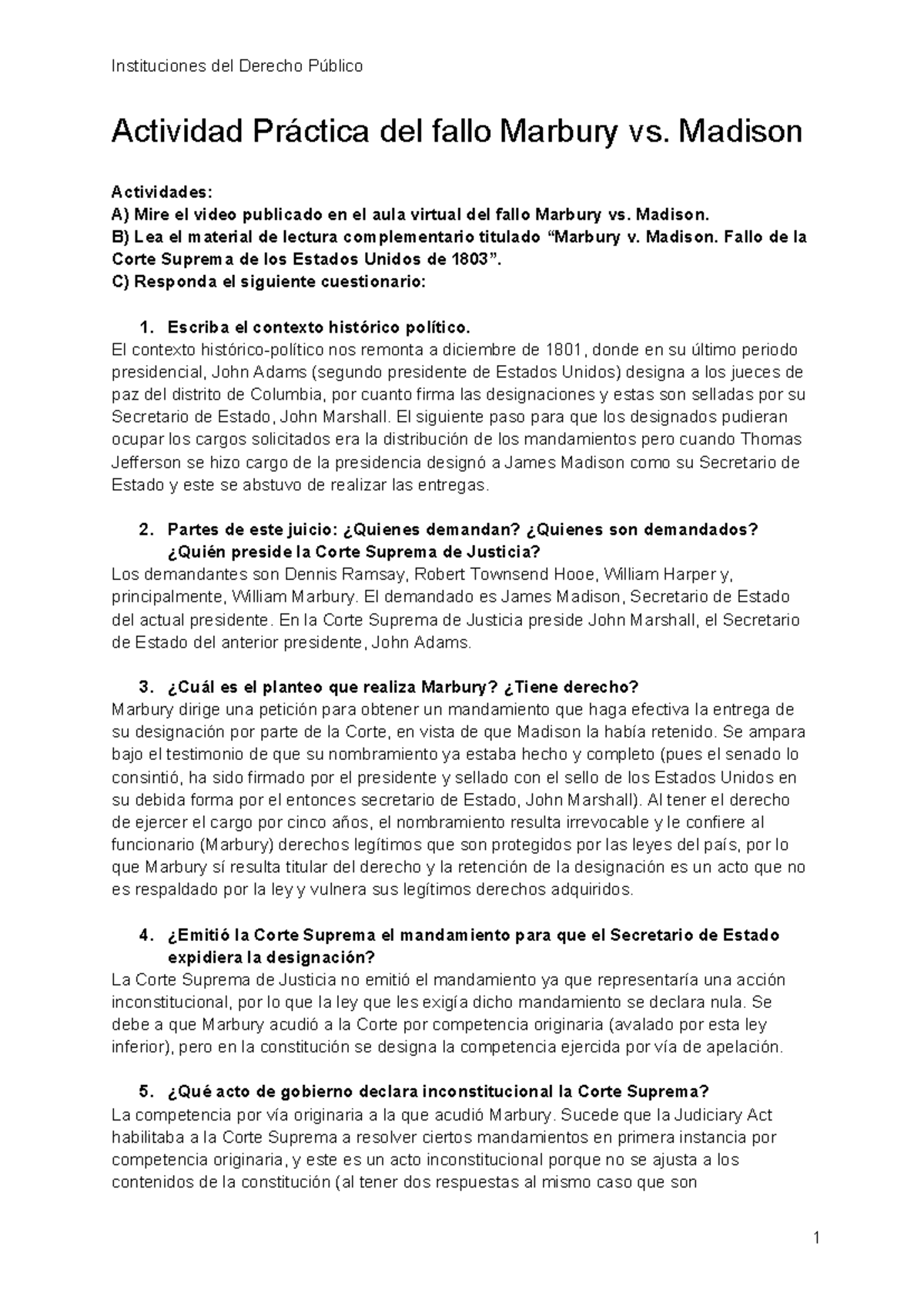 TP. Marbury vs Madison - Instituciones del Derecho Público Actividad ...