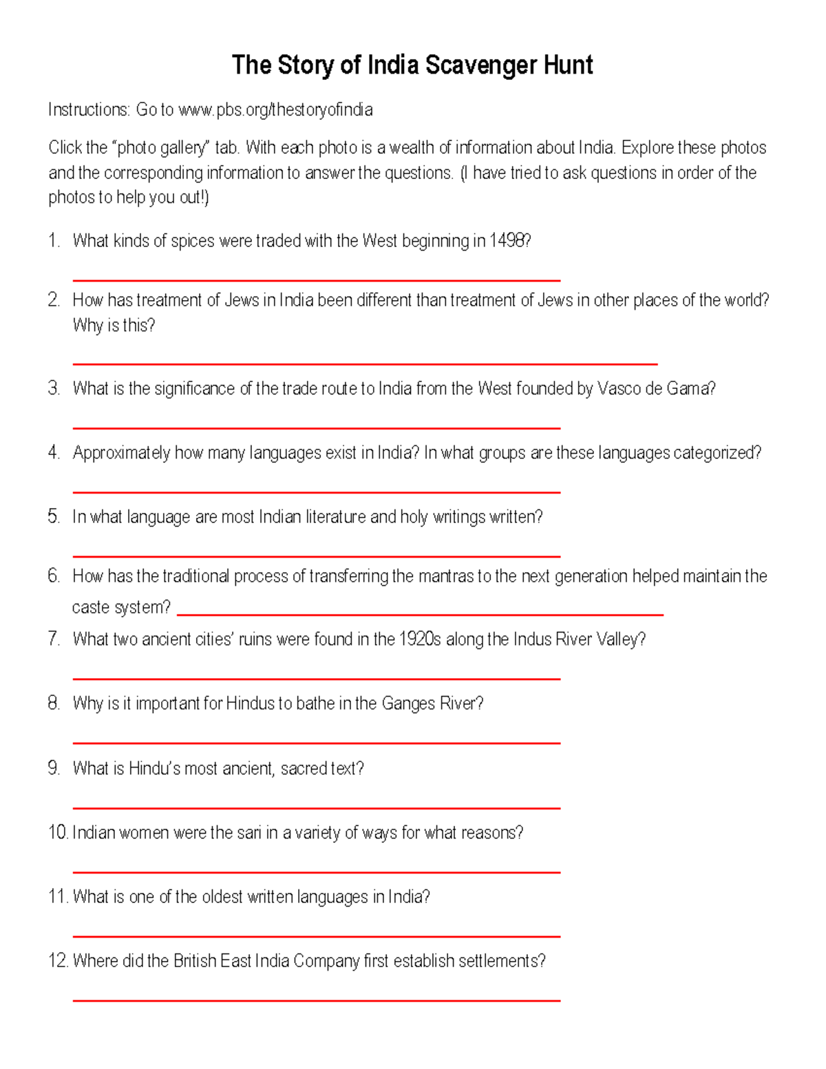 The Storyof India Webquest Scavenger Hunt-1 - The Story of India ...