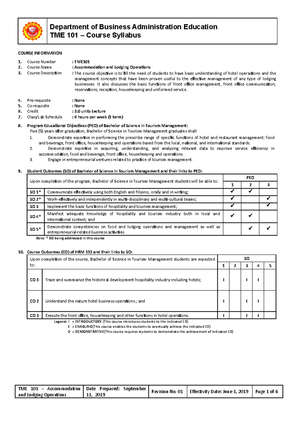 TME 101-Accommodation Operations Management - TME 101 – Course Syllabus ...