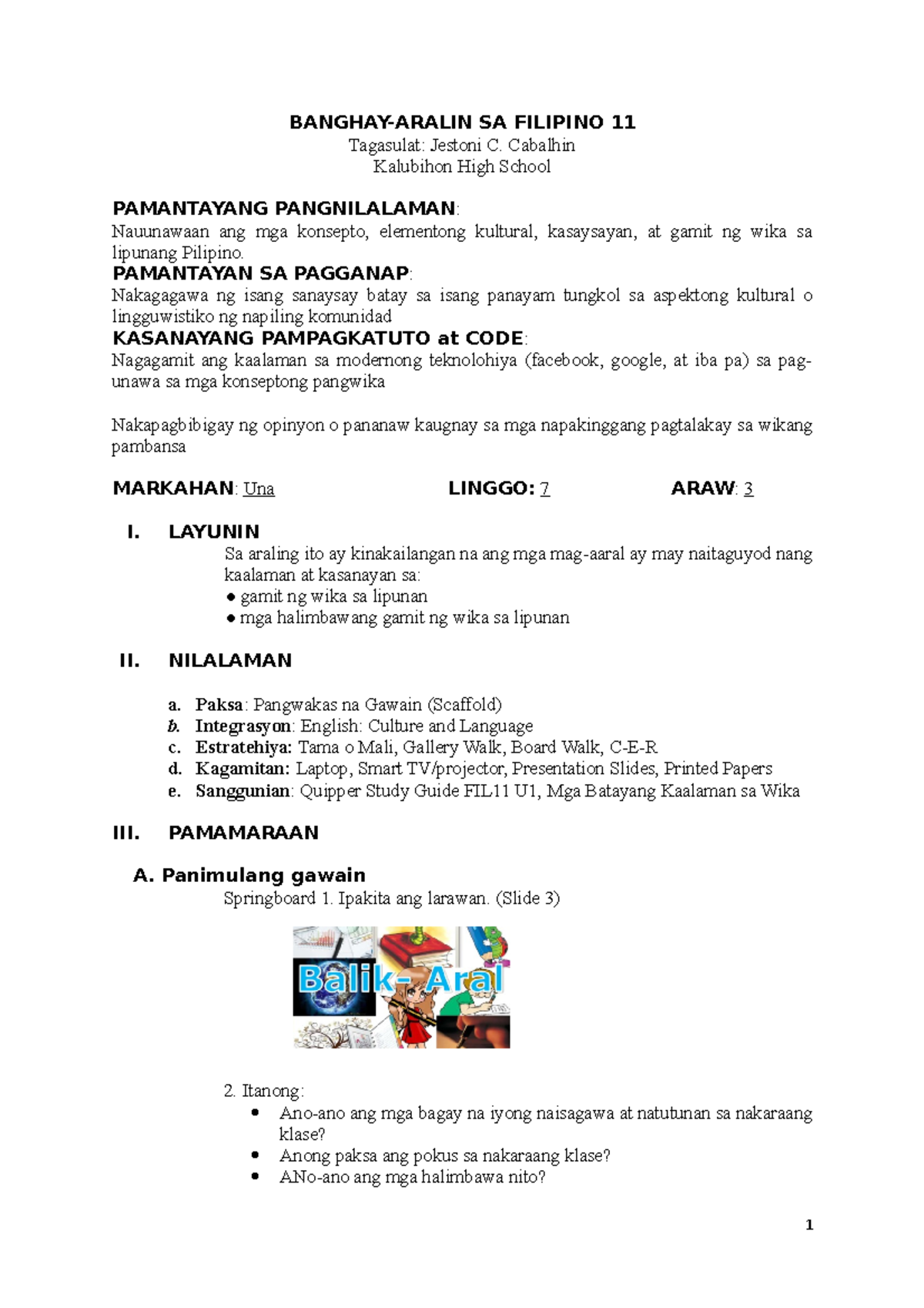 DLP Filipino 11 2nd COT - BANGHAY-ARALIN SA FILIPINO 11 Tagasulat ...