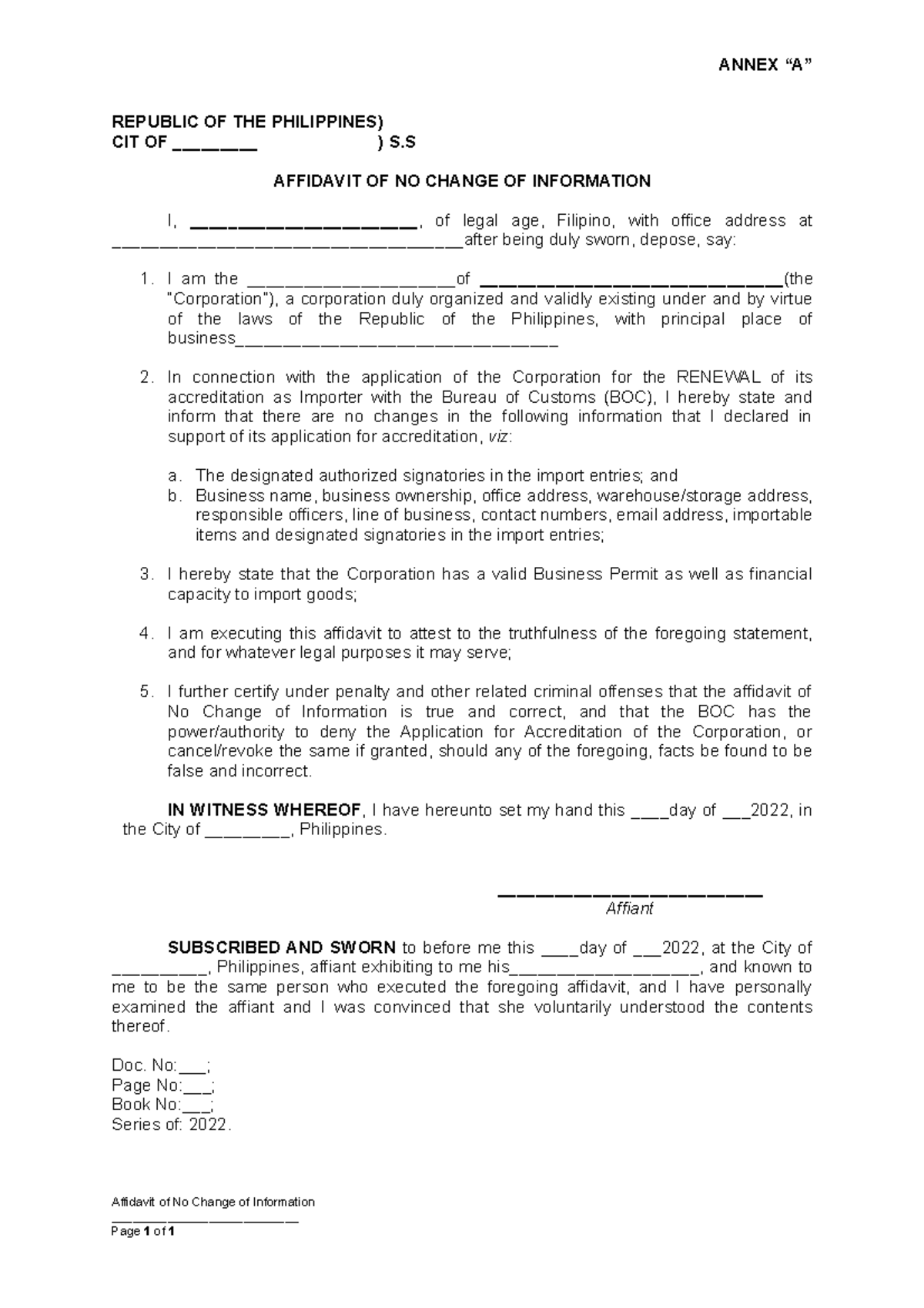Affidavit of No Change of Information format - ANNEX “A” REPUBLIC OF ...