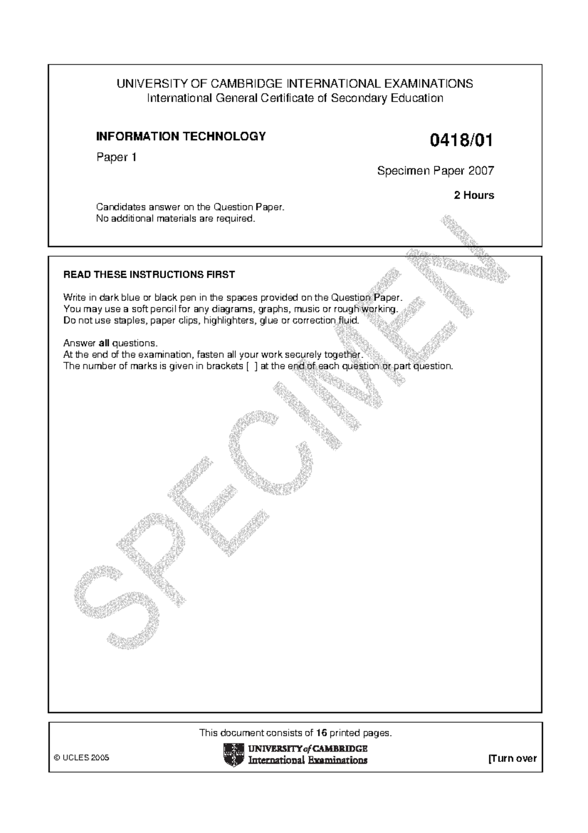 2007-paper-1 - ICT - UNIVERSITY OF CAMBRIDGE INTERNATIONAL EXAMINATIONS ...