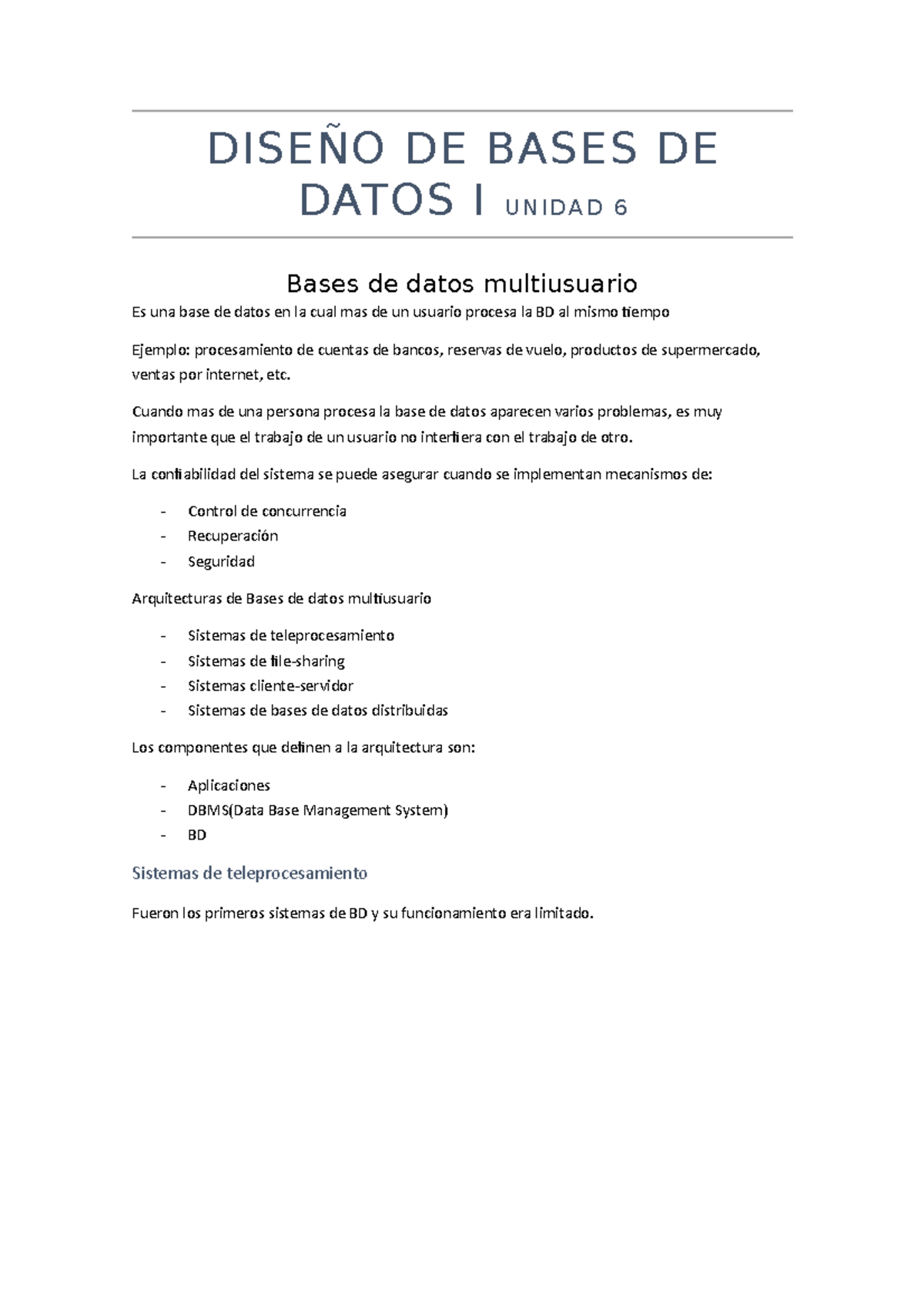 Unidad 6 - DISEÑO DE BASES DE DATOS I UNIDAD 6 Bases de datos ...