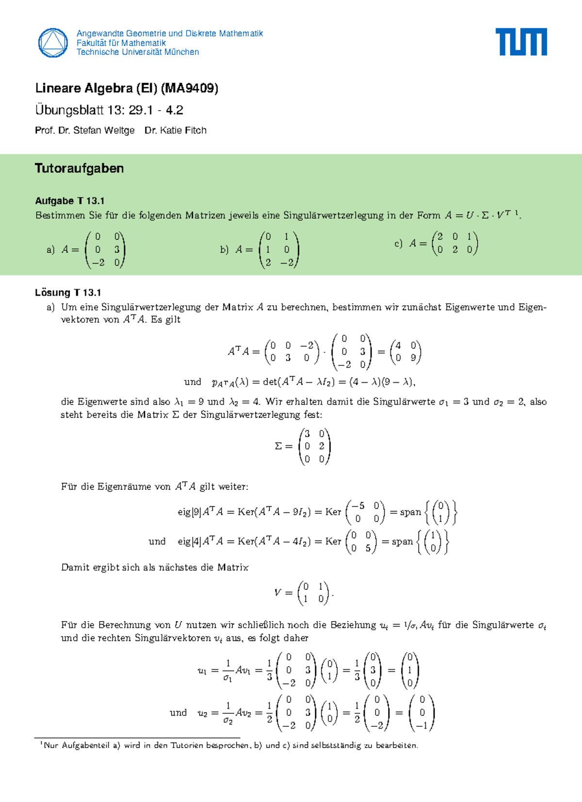 Lineare Algebra Lösung 13 - Lineare Algebra (EI) (MA9409) Technische ...