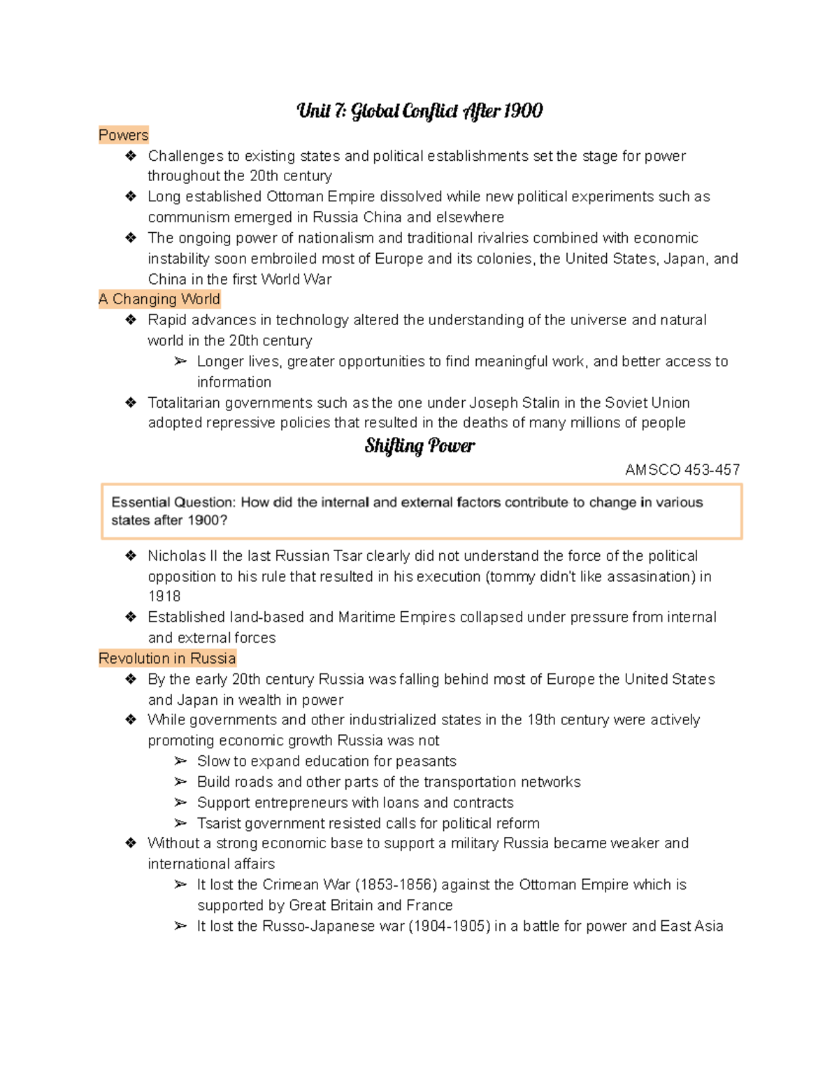 Unit 7 WHAP notes - Uni 7: Globa Conflic Aer 1900 Powers Challenges to ...