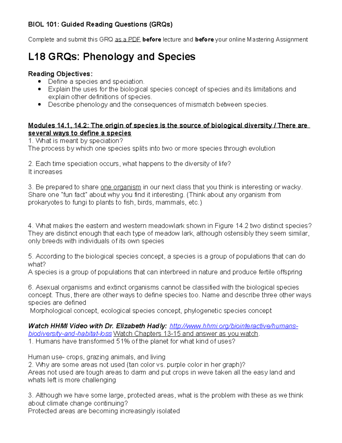Lesson 18 GRQs Species, Biodiversity and Phenology - BIOL 101: Guided ...