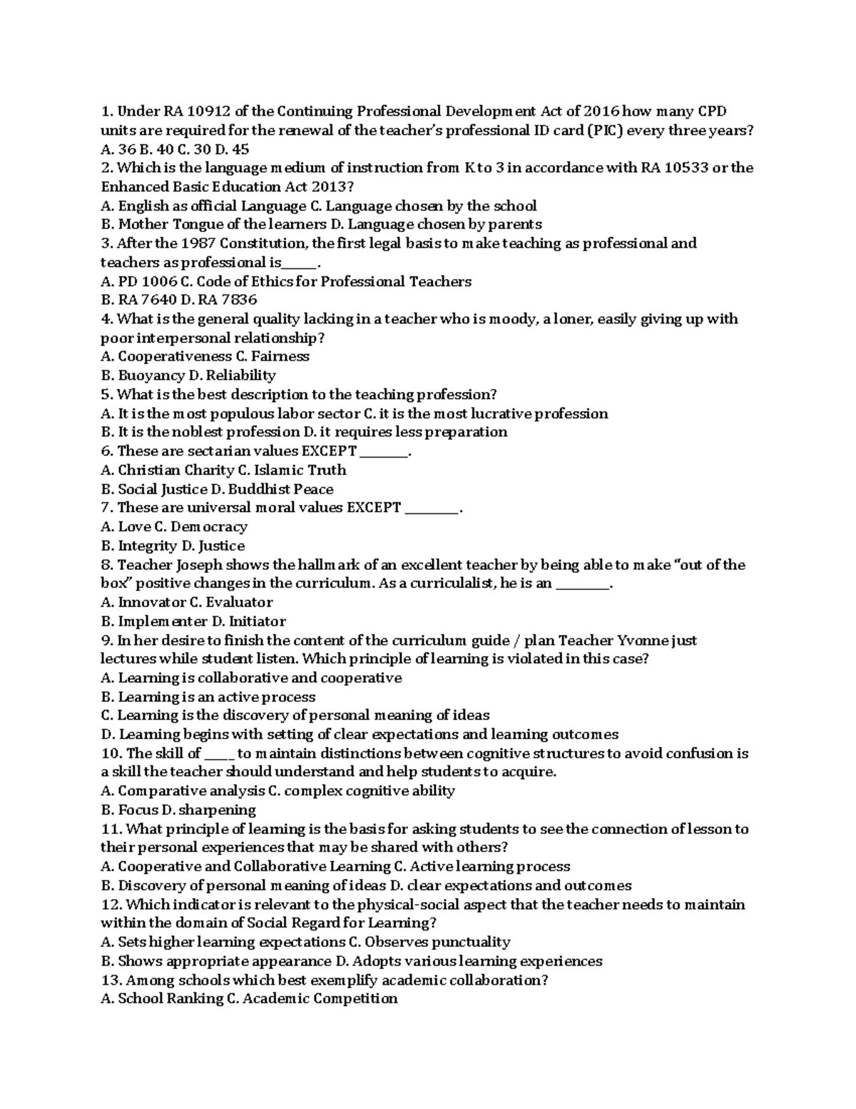 2023 - LET REVIEWER - Under RA 10912 of the Continuing Professional ...