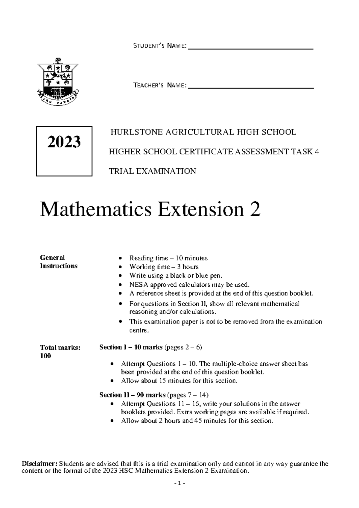 Hurlstone 2023 4U Trials & Solutions - S TUDENT ’S N AME : T EACHER ’S ...