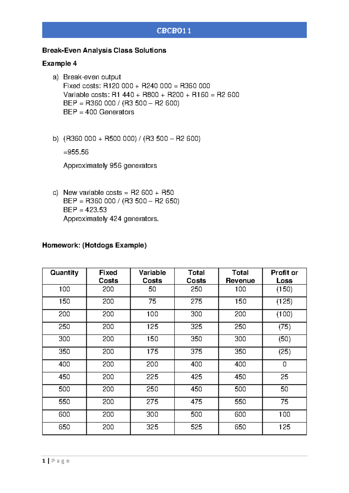 BEP Class Solutions - Previous past papers - 1 | P a g e CBCB Break-Even Analysis Class ...