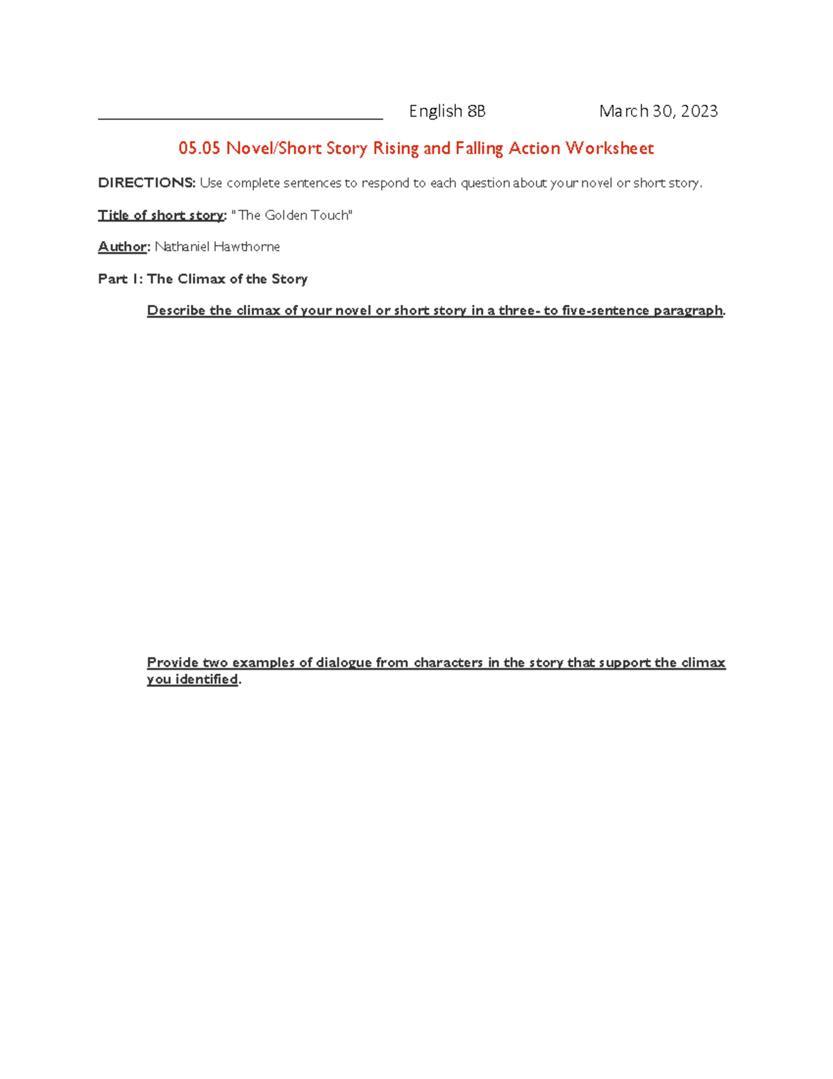 Worksheet for story - ______________________________ English 8B March ...