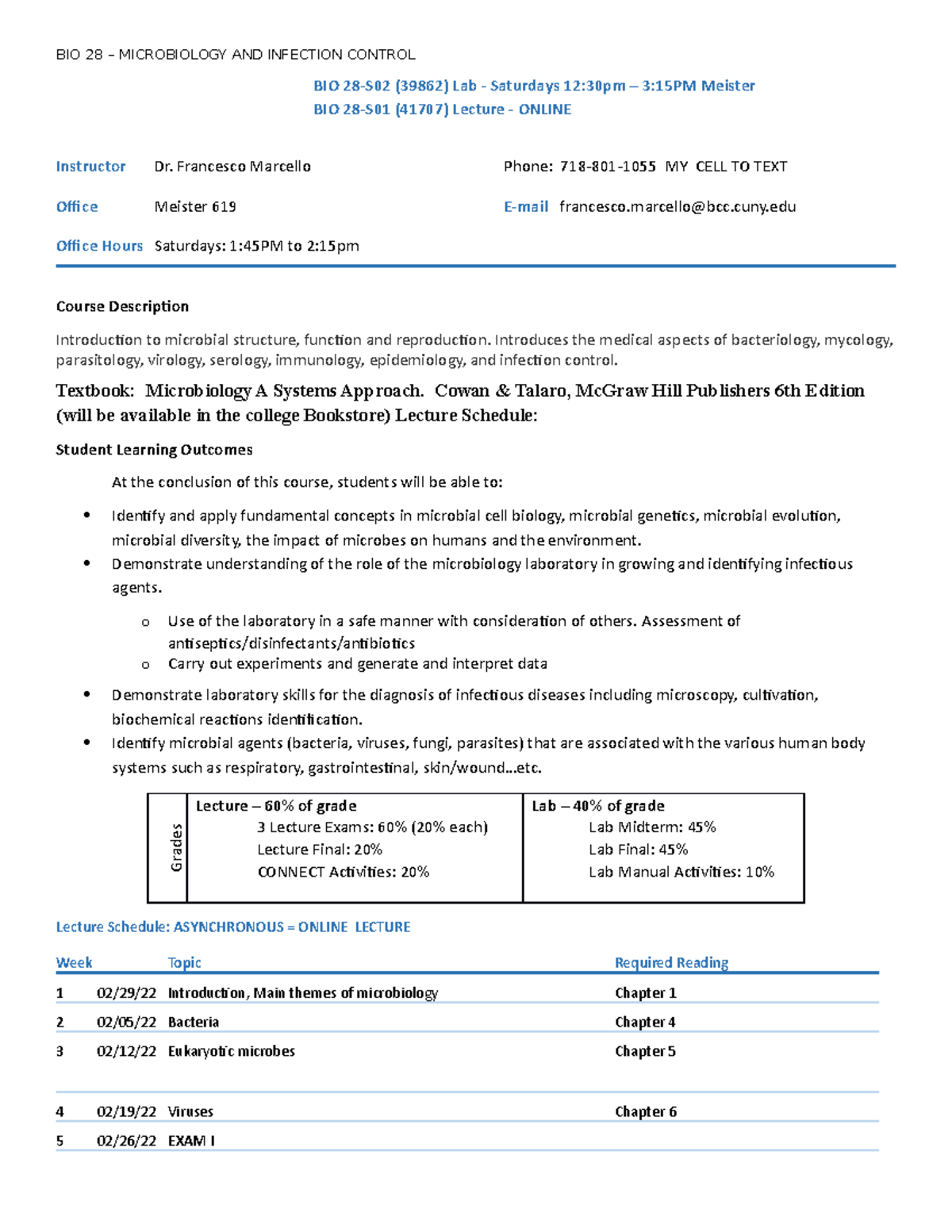 BIO 28 Syllabus Spring Semester 2022 2 - BIO 28 – MICROBIOLOGY AND ...