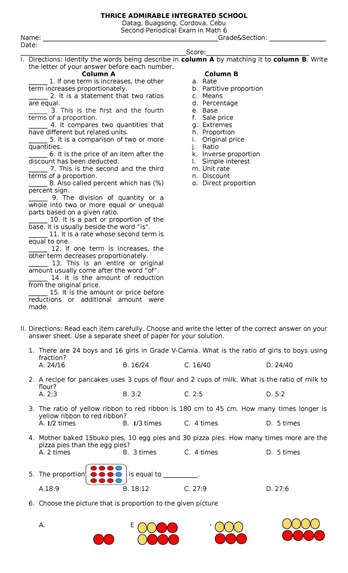 Second Periodical Exam in Math 6 - THRICE ADMIRABLE INTEGRATED SCHOOL ...