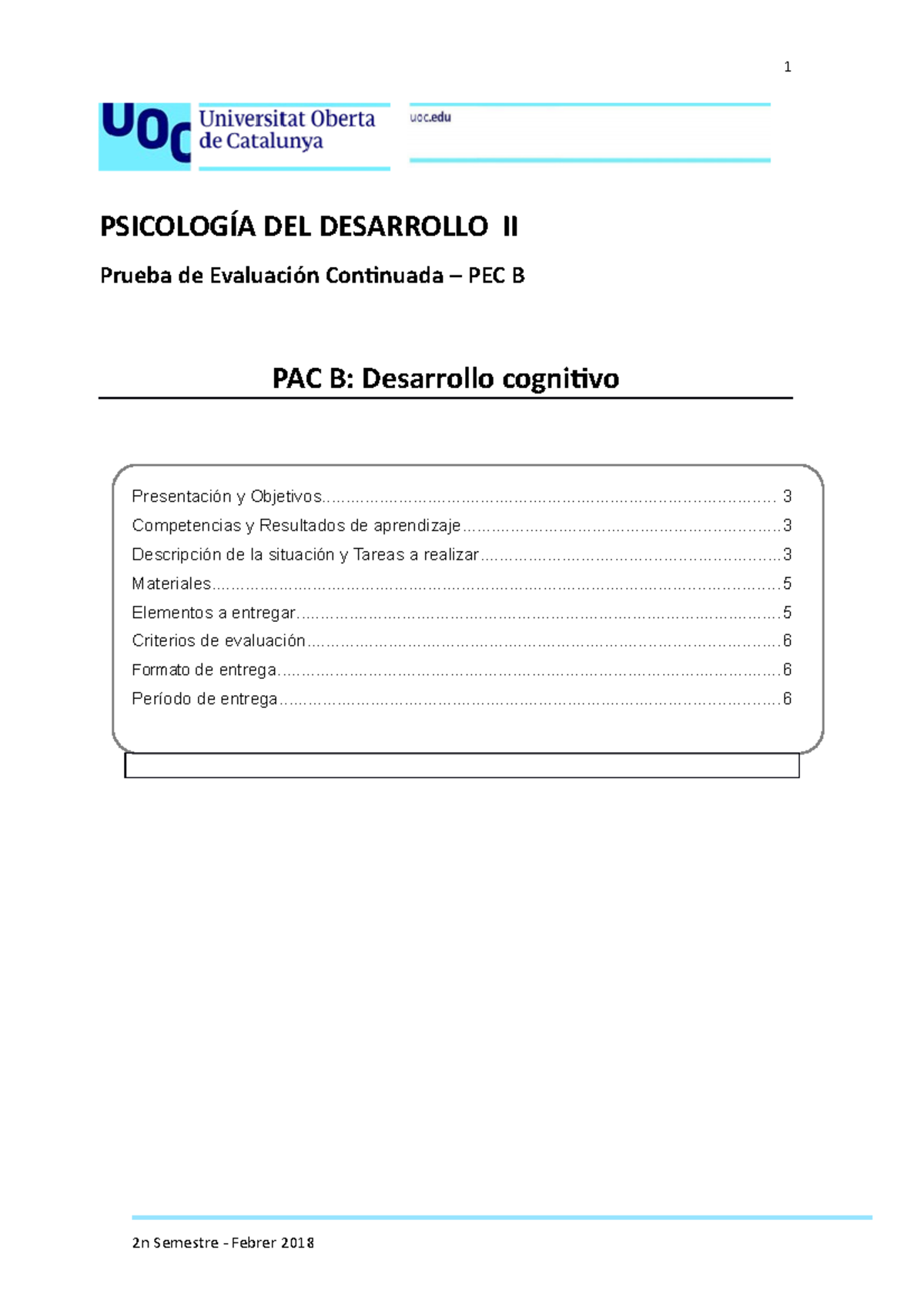 PEC B psicología del desarrollo II - PSICOLOGÍA DEL DESARROLLO II Prueba de Evaluación ...