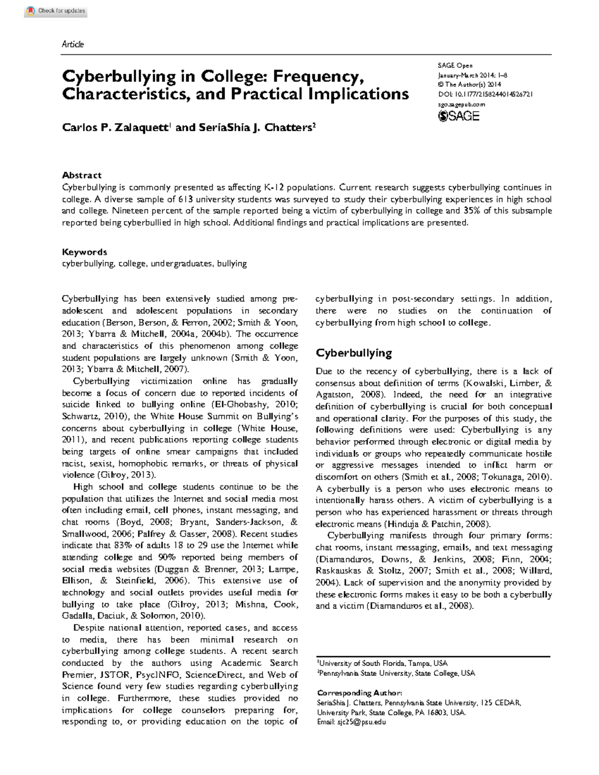 Cyber bullying 2 - Sample essay - Article Cyberbullying in College ...