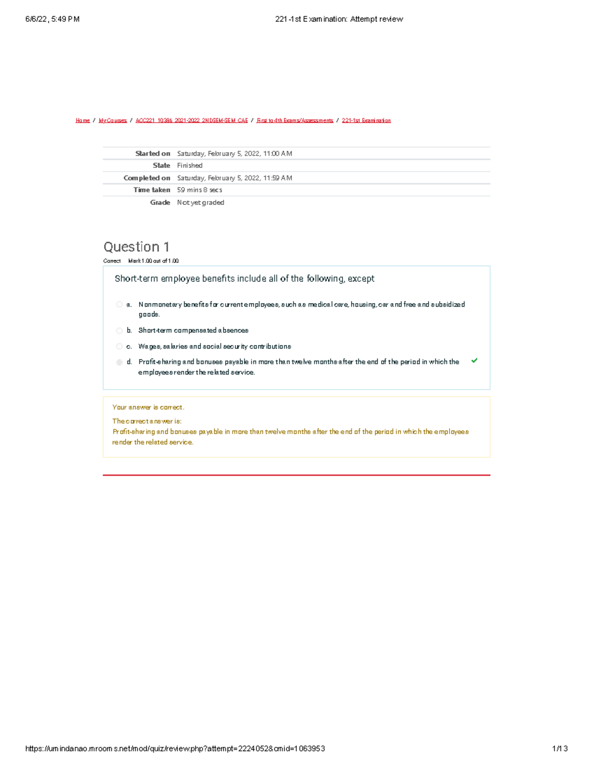 221-1st Examination Attempt review - Home/My Courses/ACC221_10386_2021 ...
