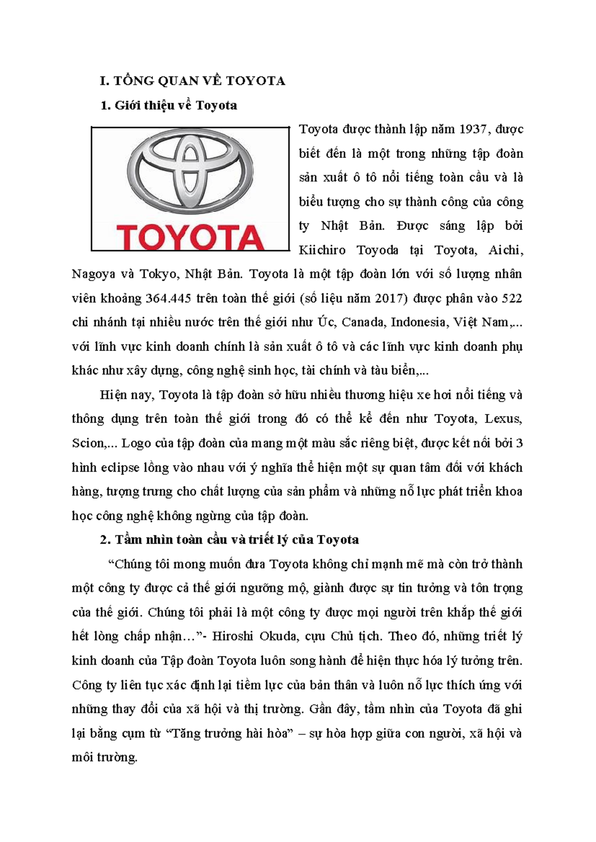 [QTCL][Cst Toyota] - I. TỔNG QUAN VỀ TOYOTA Giới thiệu về Toyota Toyota ...