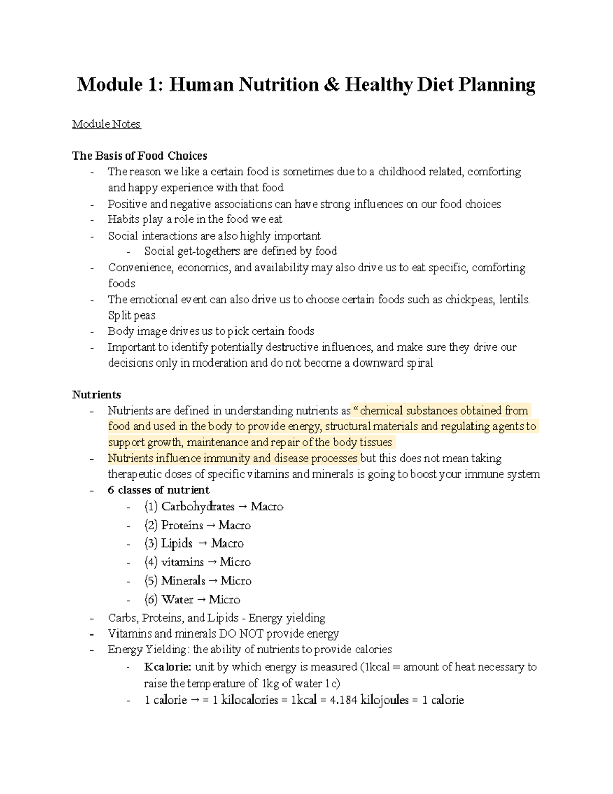 HLTH230 - FALL Module 1 - notes - Module 1: Human Nutrition & Healthy ...
