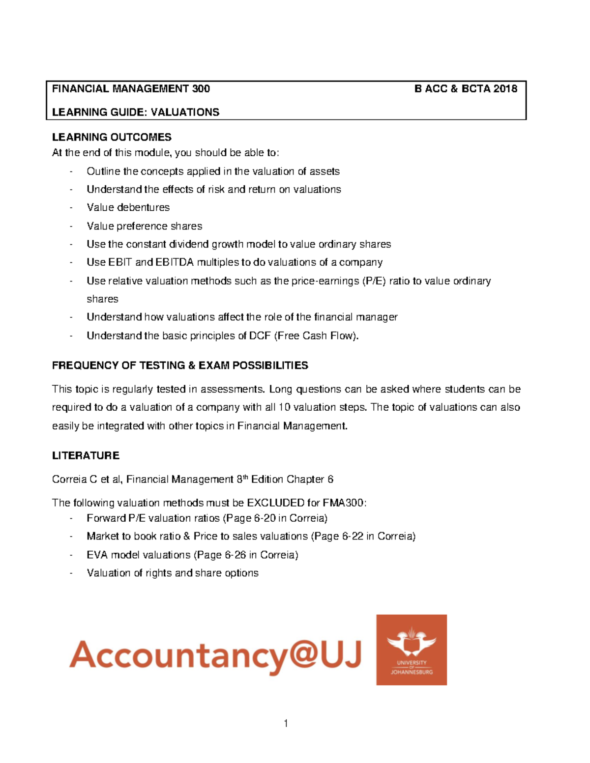 Learning guide Valuations 2018 - FINANCIAL MANAGEMENT 300 B ACC & BCTA ...