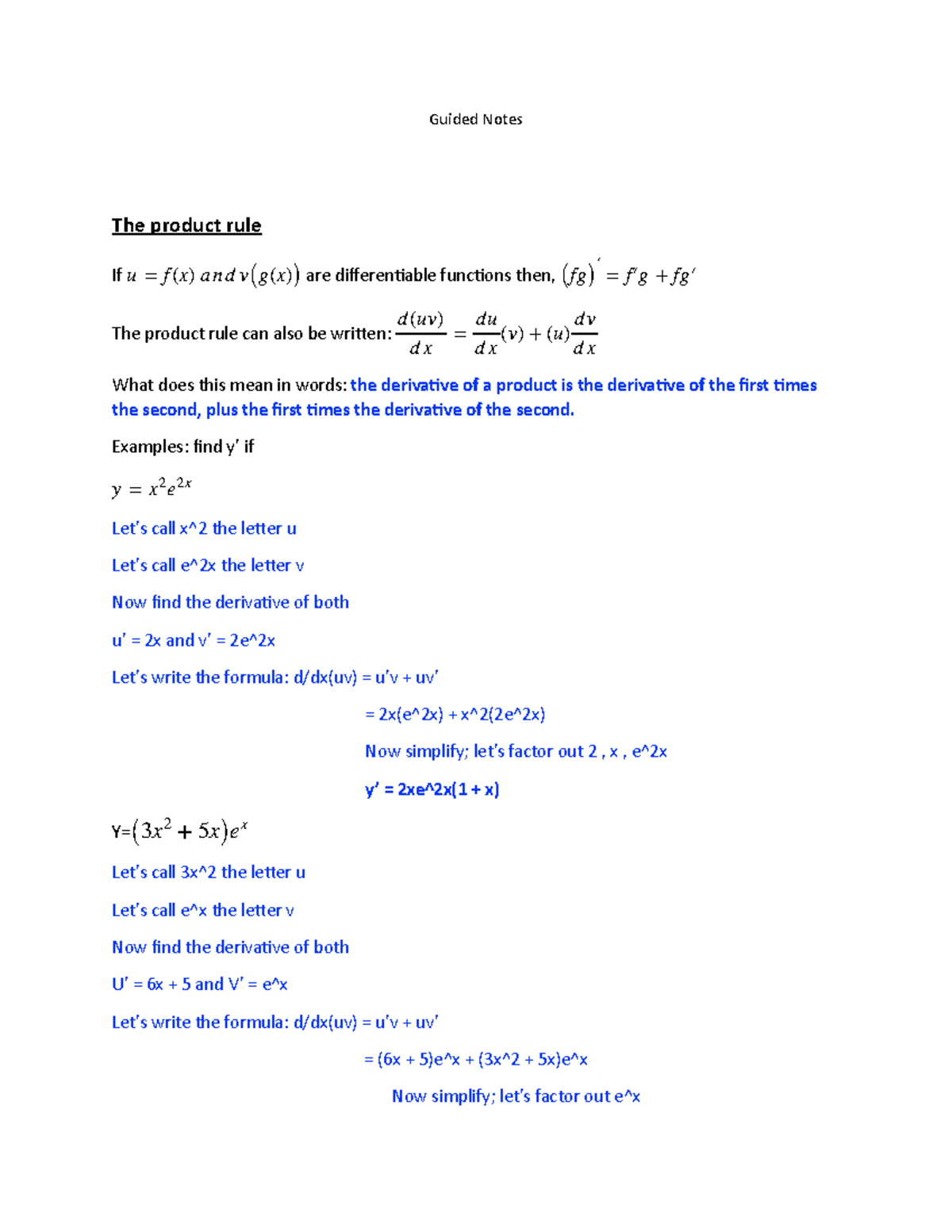 Guided Notes: 3.4 and 4.1 - Guided Notes The product rule If are ...