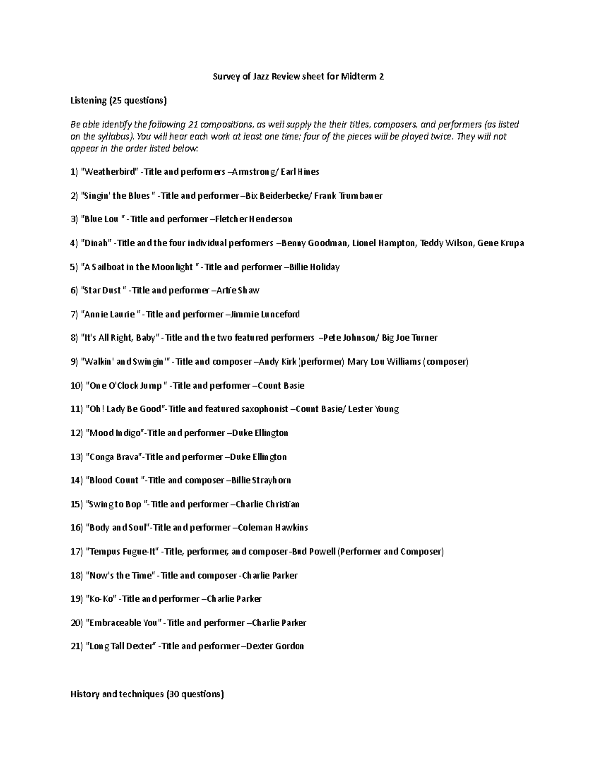 Survey of Jazz Study Guide 2 - Survey of Jazz Review sheet for Midterm ...