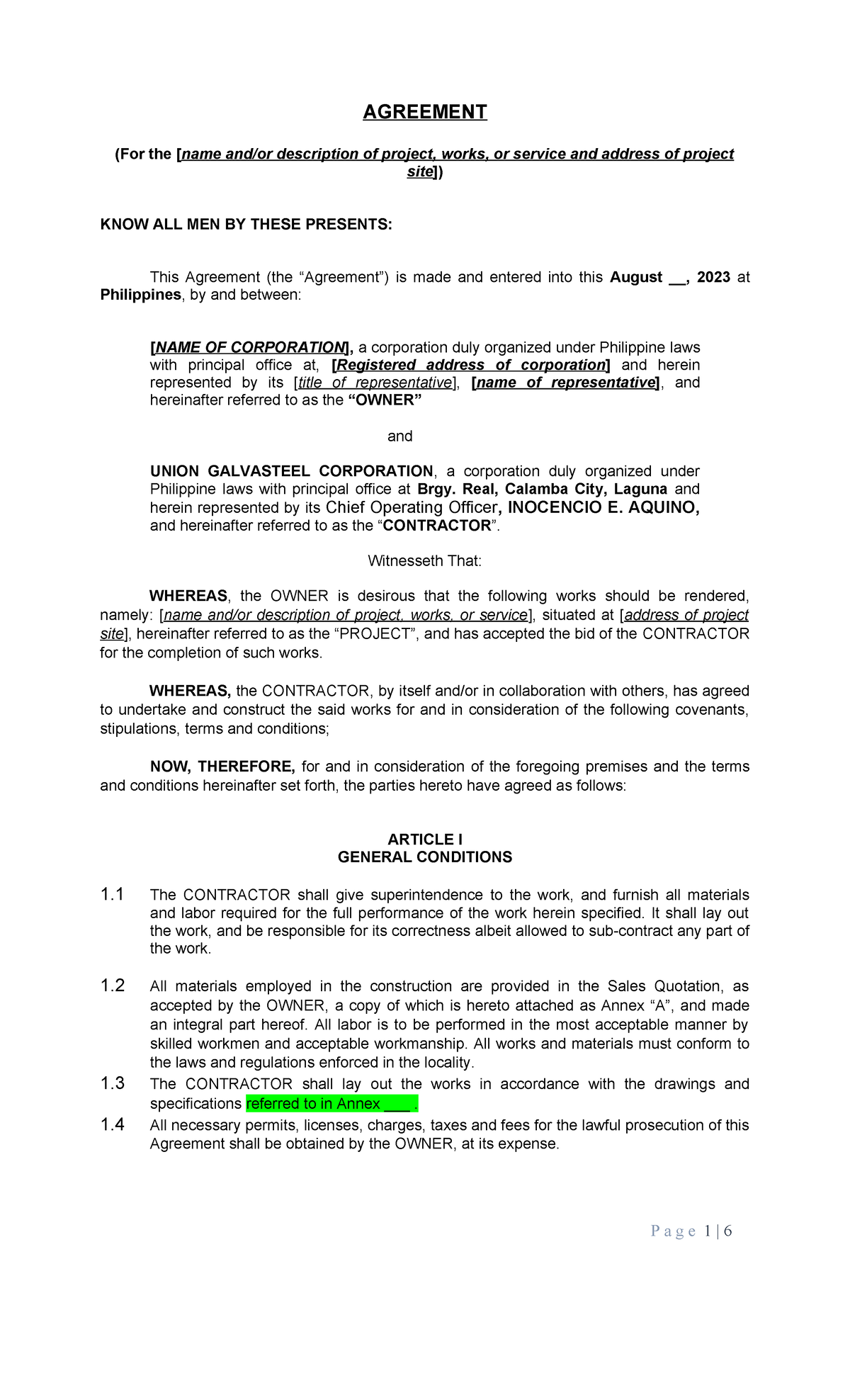 Sample Project Contract 2 - AGREEMENT (For the [name and/or description ...
