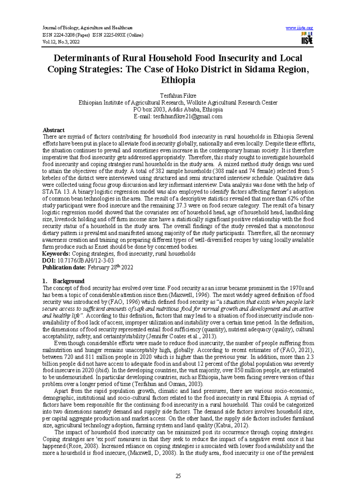 Determinants of Rural Household Food Insecurity and Local Coping ...