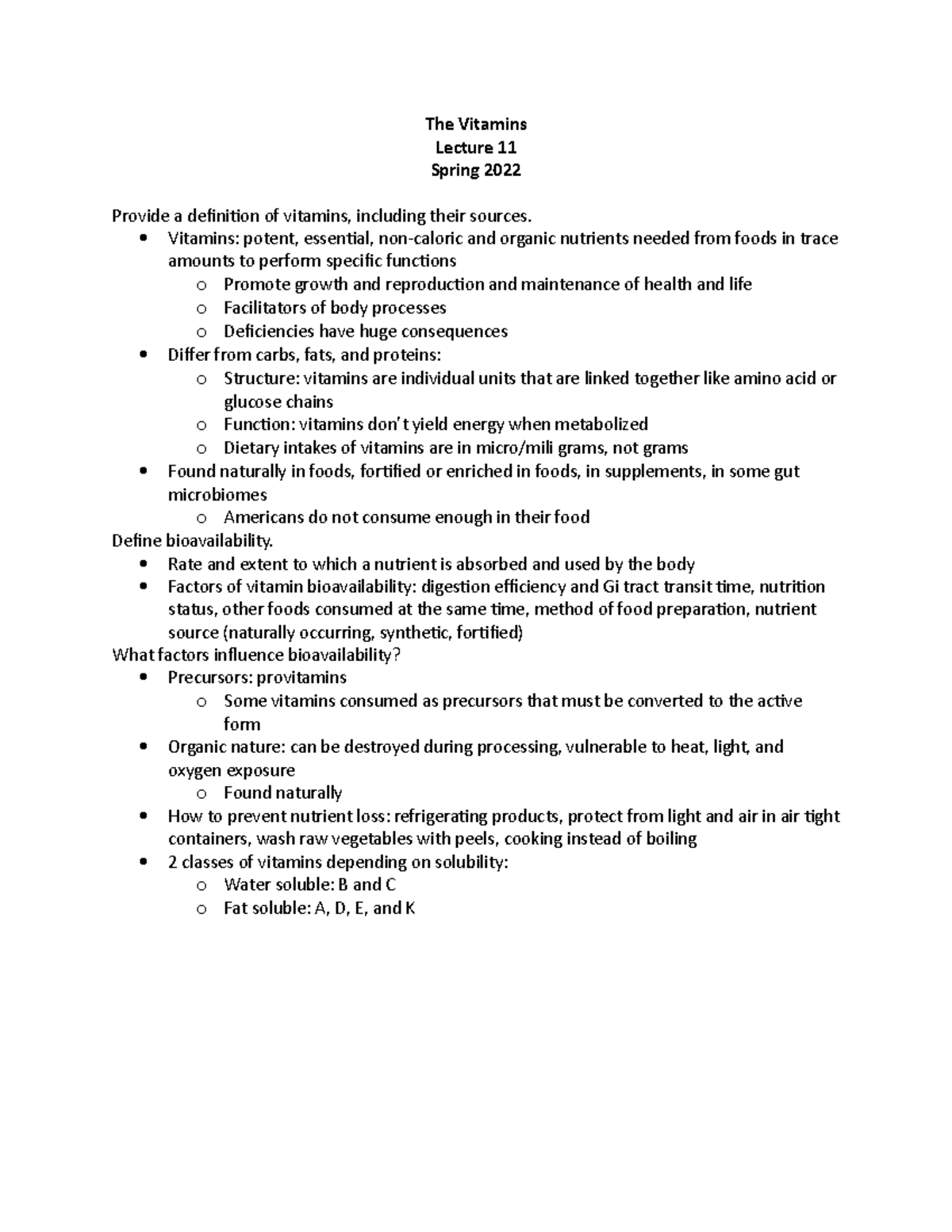 Vitamins - The Vitamins Lecture 11 Spring 2022 Provide a definition of ...