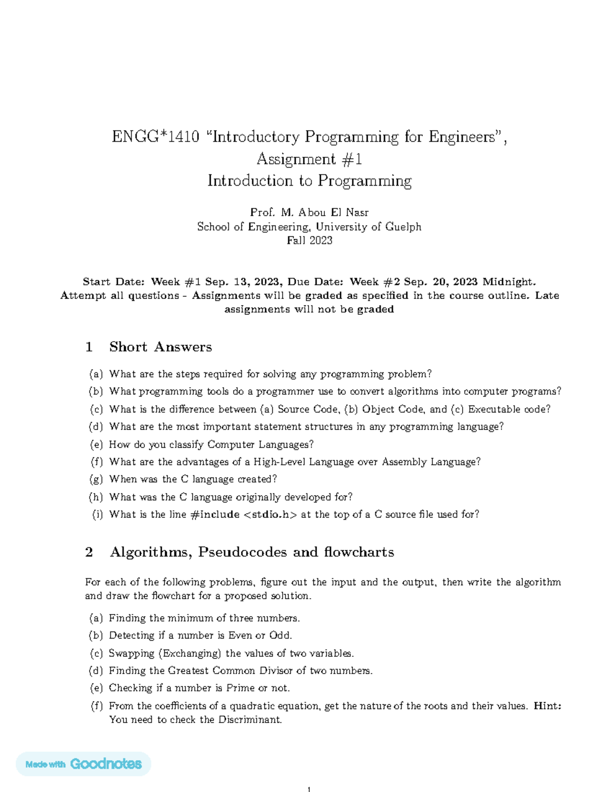 ENG1040-Assignment 1 - Assignment 1 solutions - ENGG*1410 “Introductory ...