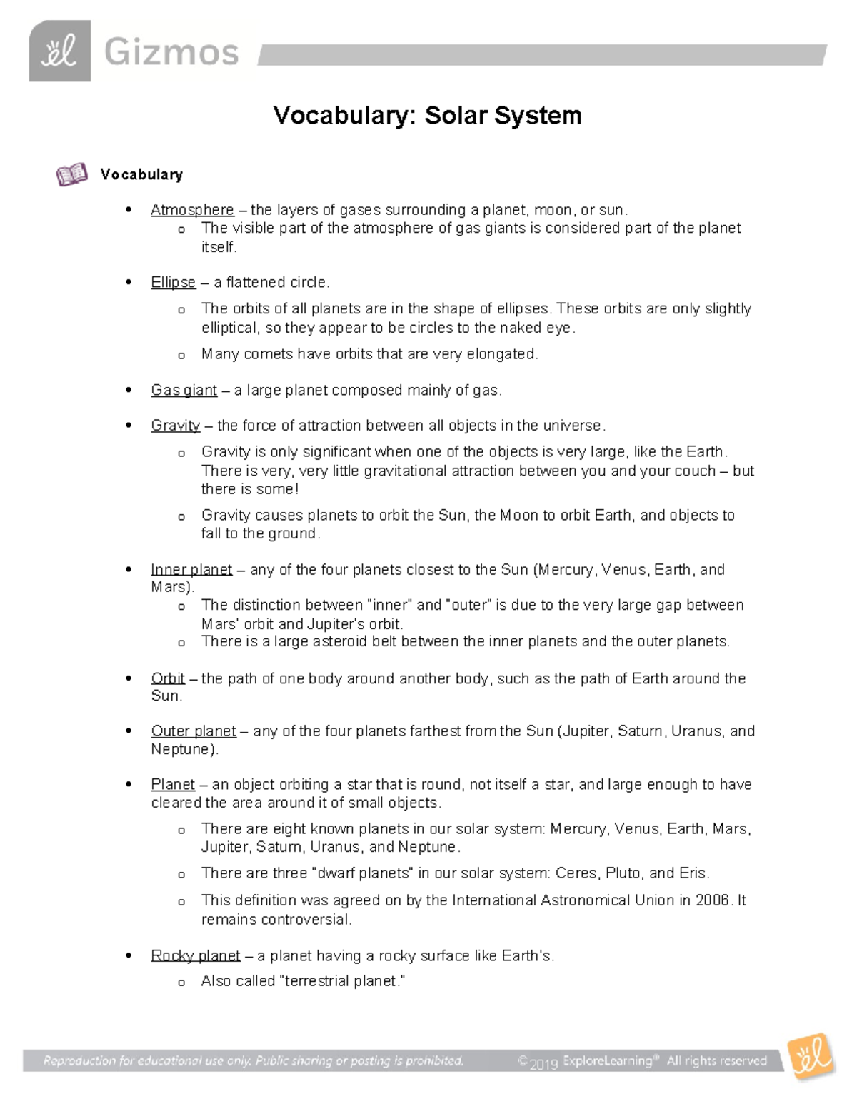 Solar System Vocab - 2019 Vocabulary: Solar System Vocabulary ...