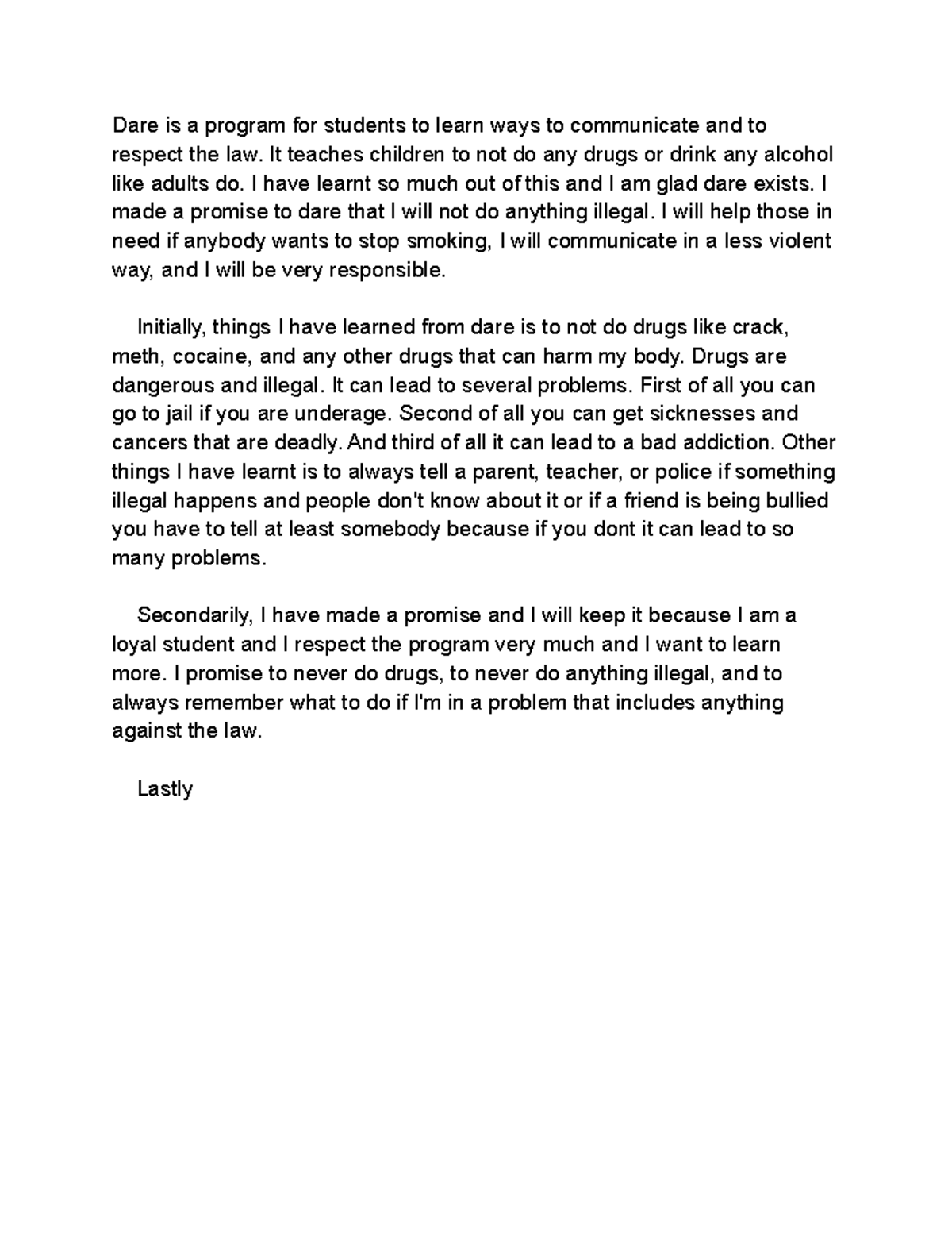 Mila Angulo - D.A.R.E essay - Dare is a program for students to learn ...